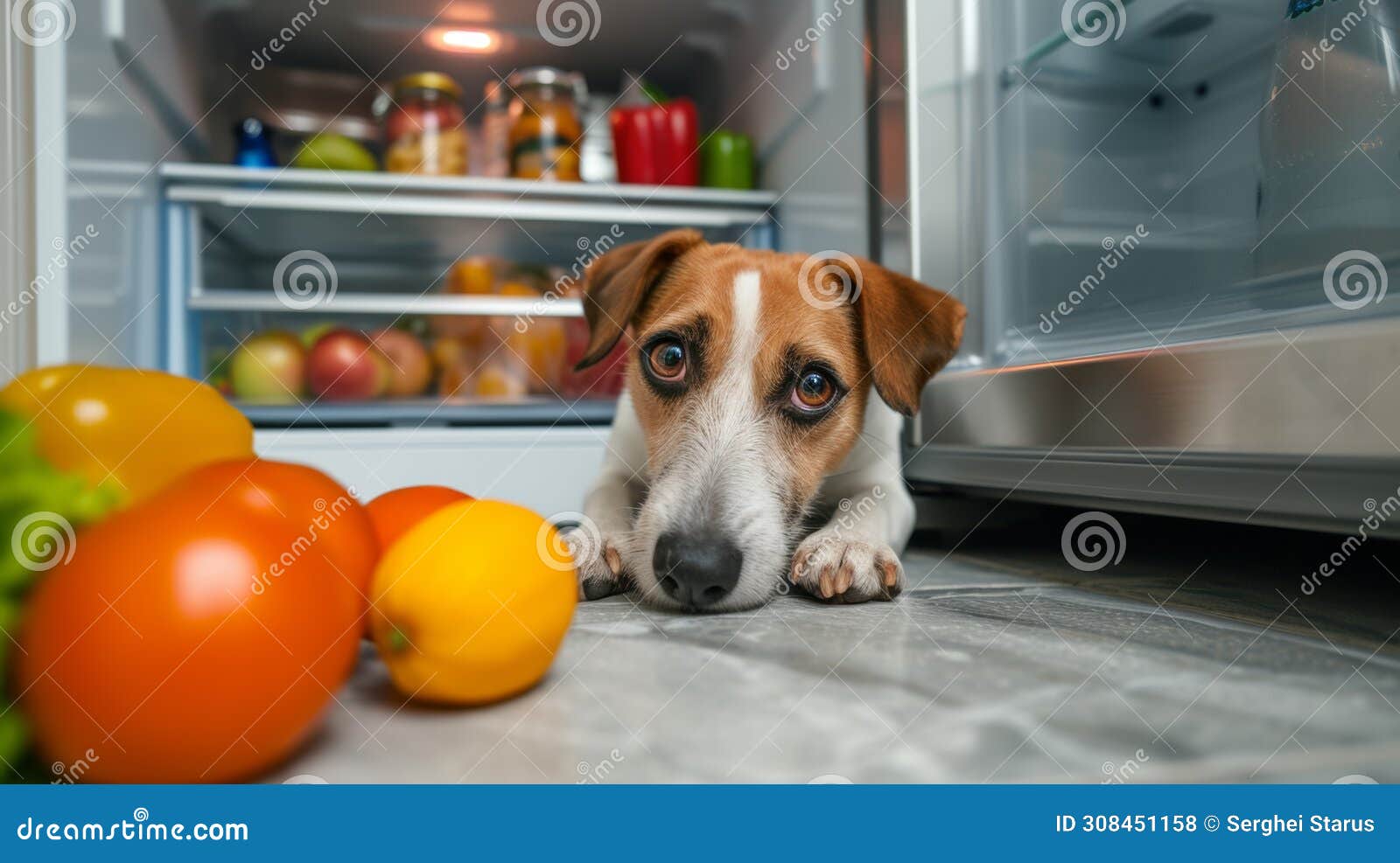 A Dog is Sitting in Front of a Refrigerator with Vegetables, AI Stock ...
