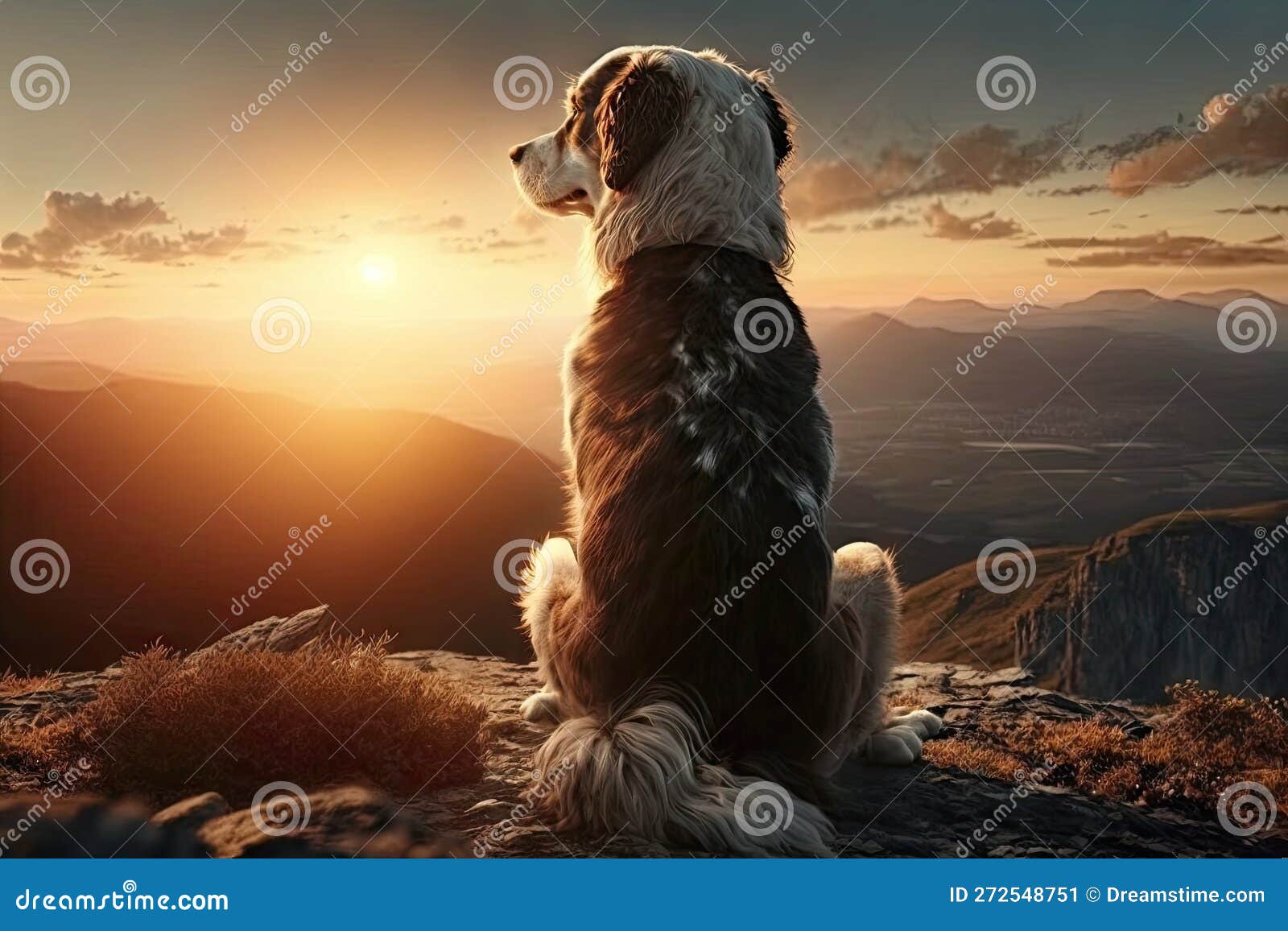 Dog, Sitting on Mountaintop, with View of the Sun Setting Over the ...