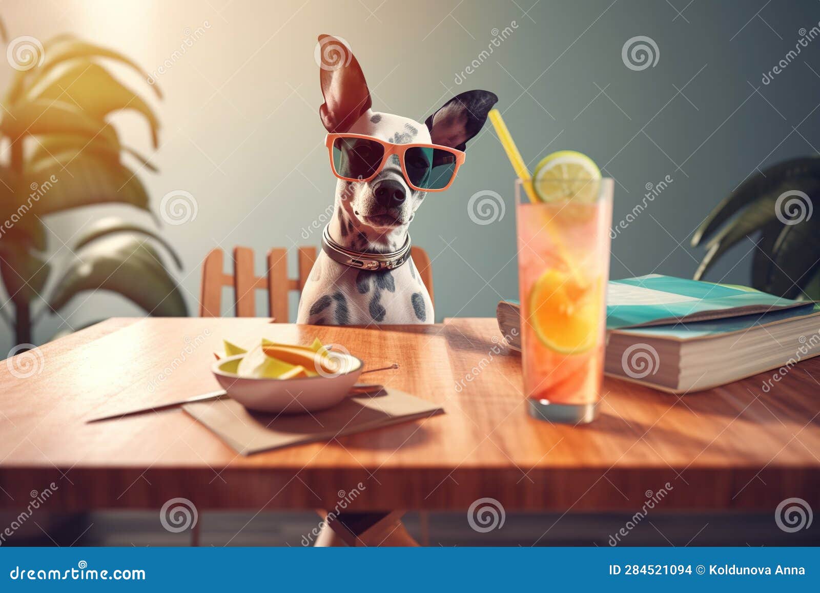 A Dog Sitting at a Table with Sunglasses and Drinks , Concept of Canine ...