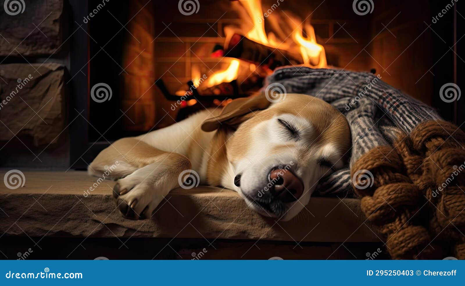 Dog Sleeping Near a Burning Fireplace Stock Image - Image of fire ...