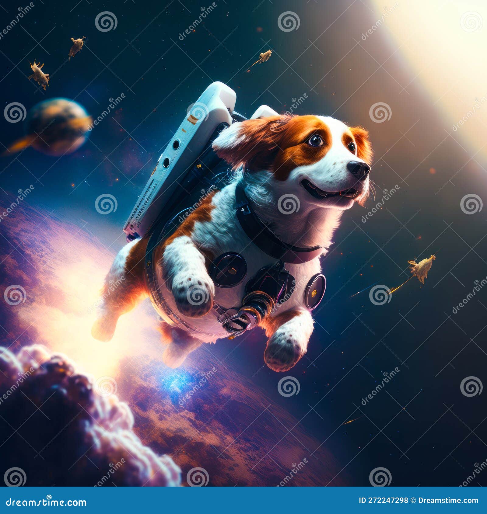Dog in Space Suit Flying through the Sky. Generative AI Stock ...