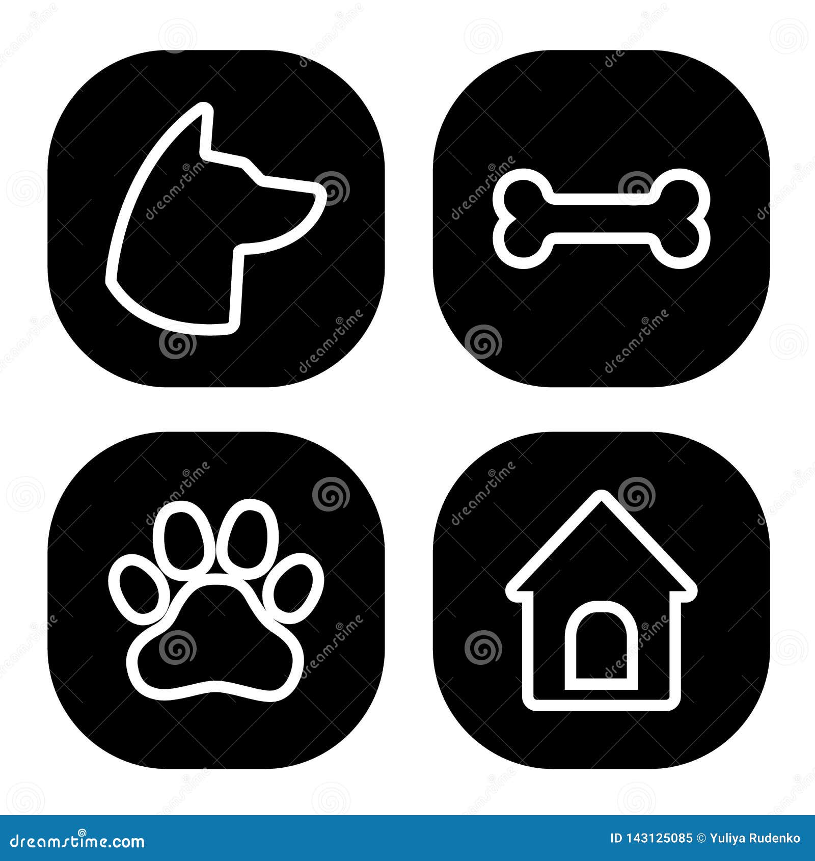 Dog Square Icons Set. Dog Head, Paw, Bone, Dog House. Vector Stock ...
