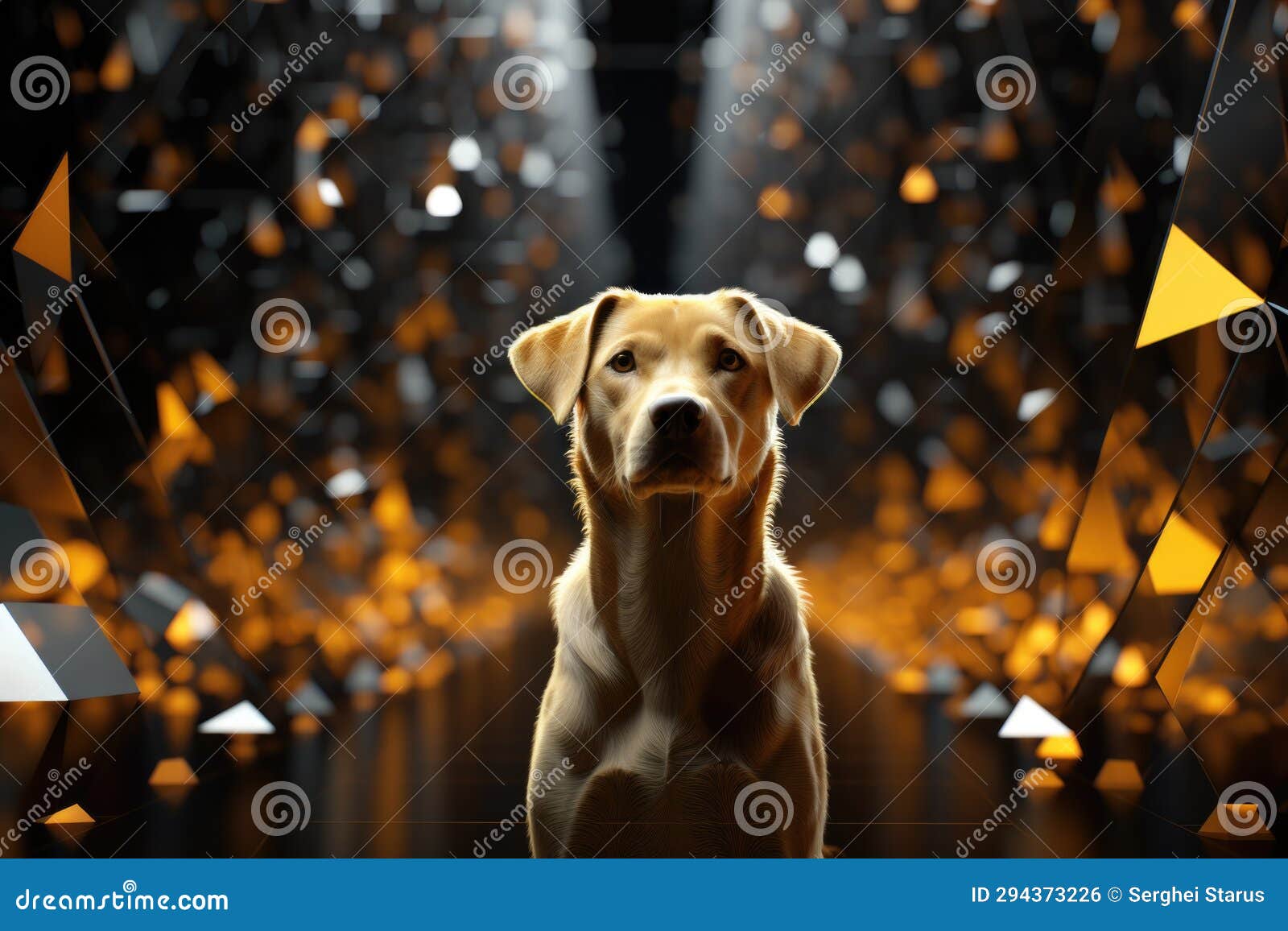 A Dog Standing in Front of a Large Room with Many Triangles, AI Stock ...