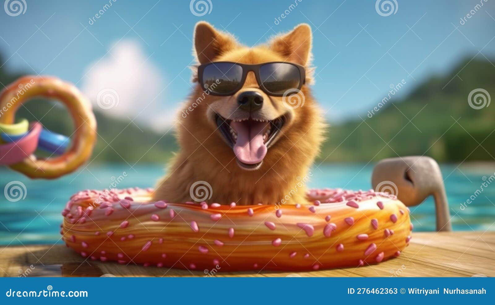 Dog Summer Inside a Donuts Inflatable Swimming Pool Ring with ...