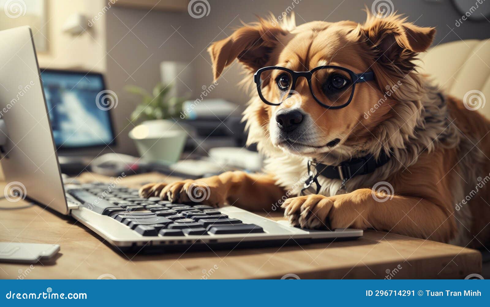 Dog using a computer stock illustration. Illustration of head - 296714291