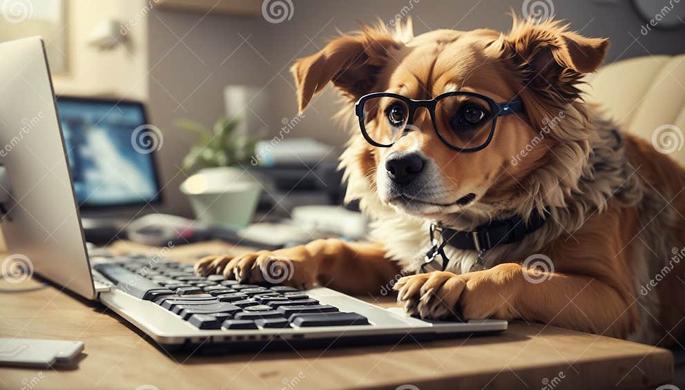 Dog using a computer stock image. Image of head, puppy - 296714291