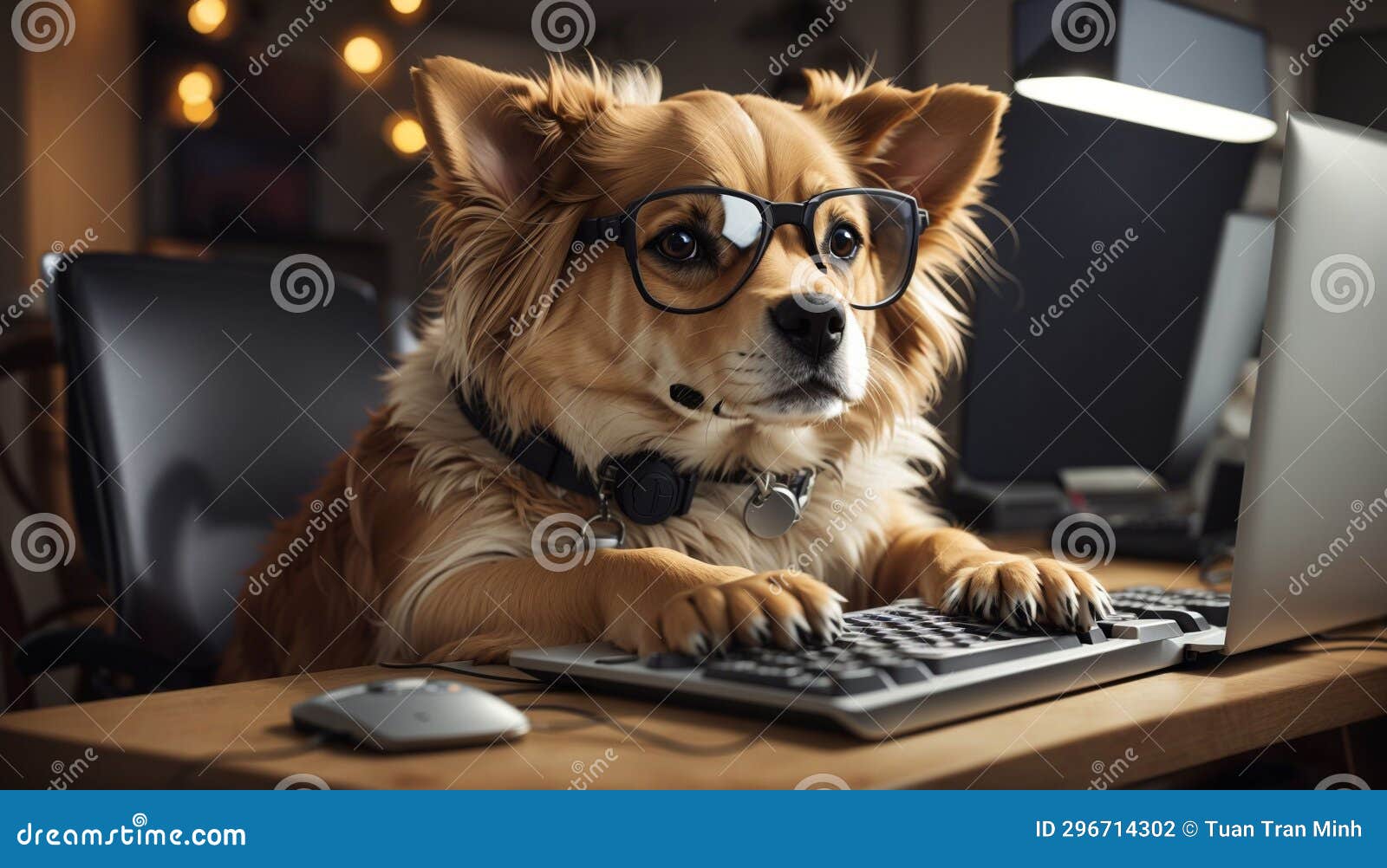 Dog using a computer stock photo. Image of glasses, clothing - 296714302
