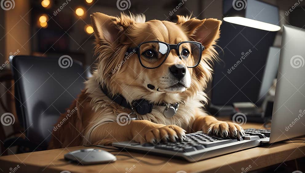 Dog using a computer stock photo. Image of glasses, clothing - 296714302