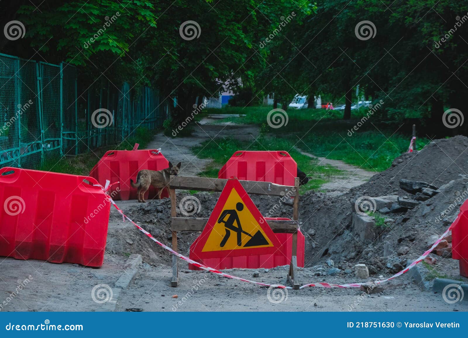 Dog Walking at Red Sign Road Work Stock Photo - Image of transportation ...