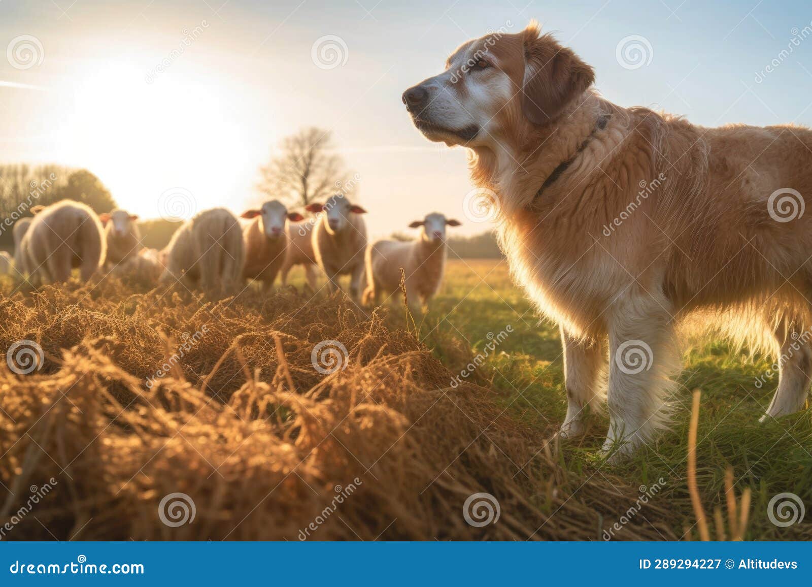 Dog Watching Over Sheep As they Graze in a Sunlit Field Stock Image ...
