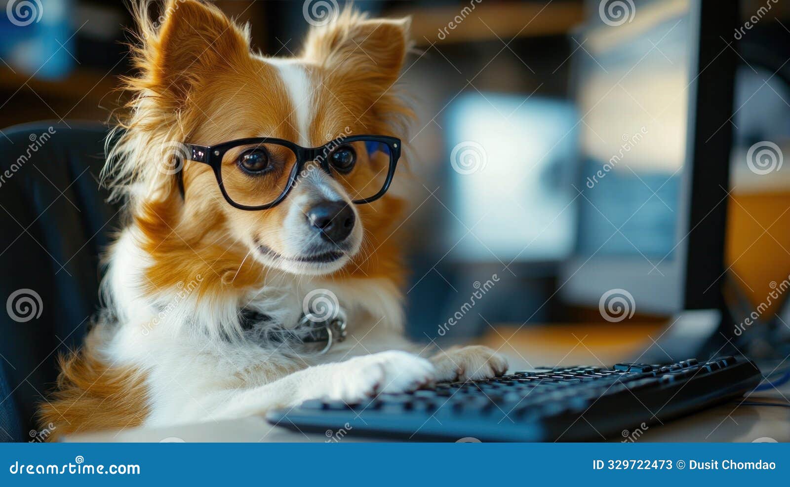 A Dog Wearing Glasses is Sitting in Front of a Computer Keyboard Stock ...