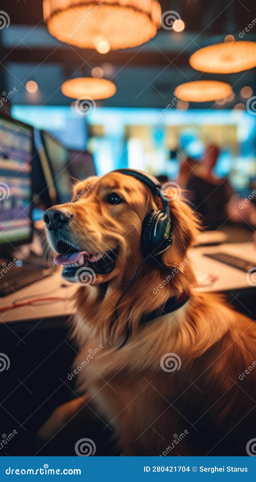A Dog Wearing Headphones Sitting in Front of a Computer. Generative AI ...