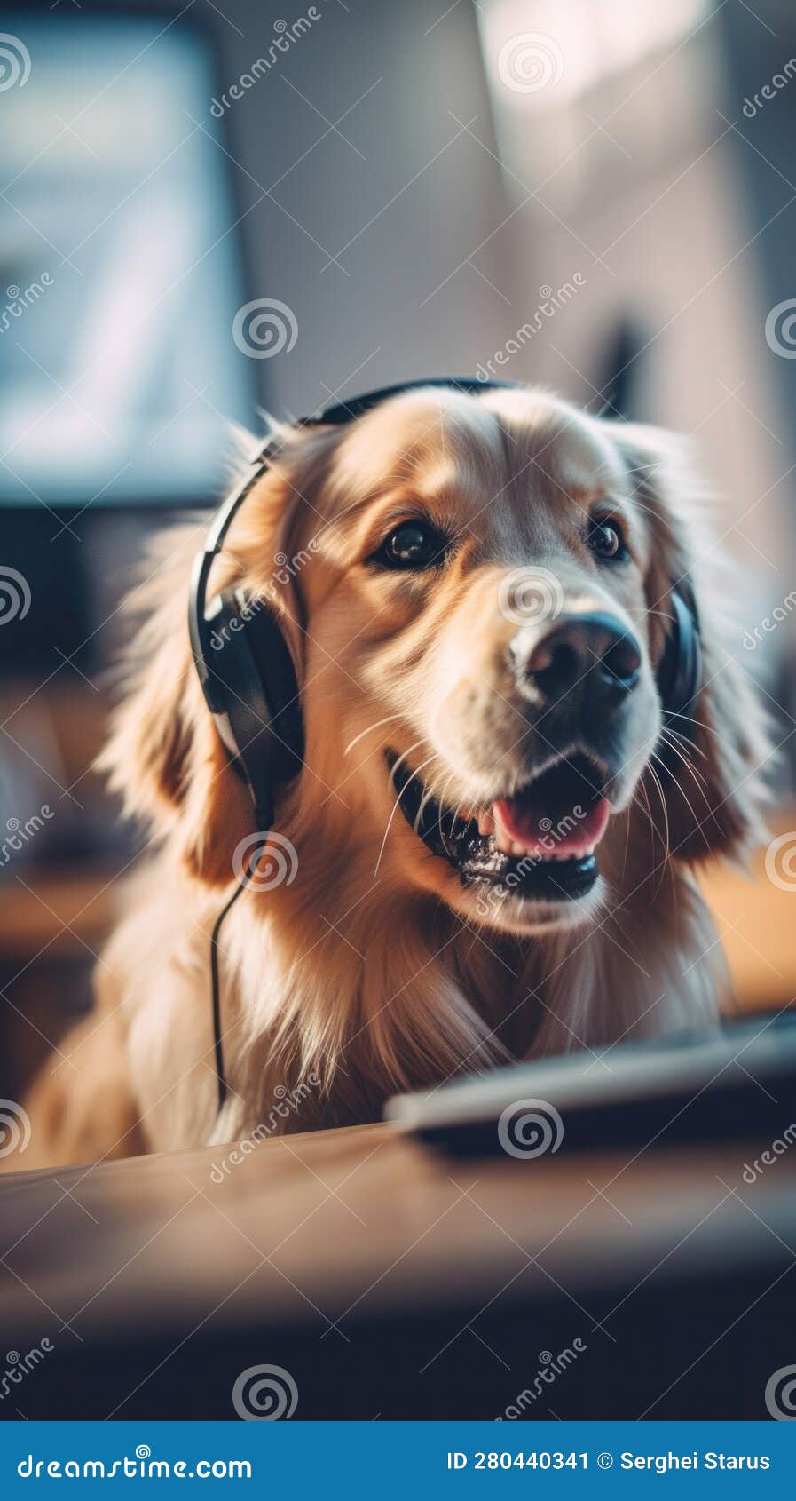 A Dog Wearing Headphones Sitting in Front of a Computer. Generative AI ...
