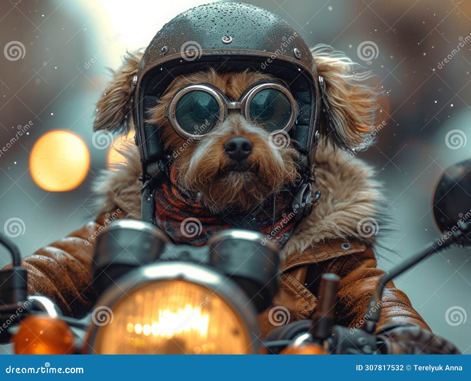 Dog Wearing Helmet and Goggles Riding on a Motorcycle. Stock Photo ...