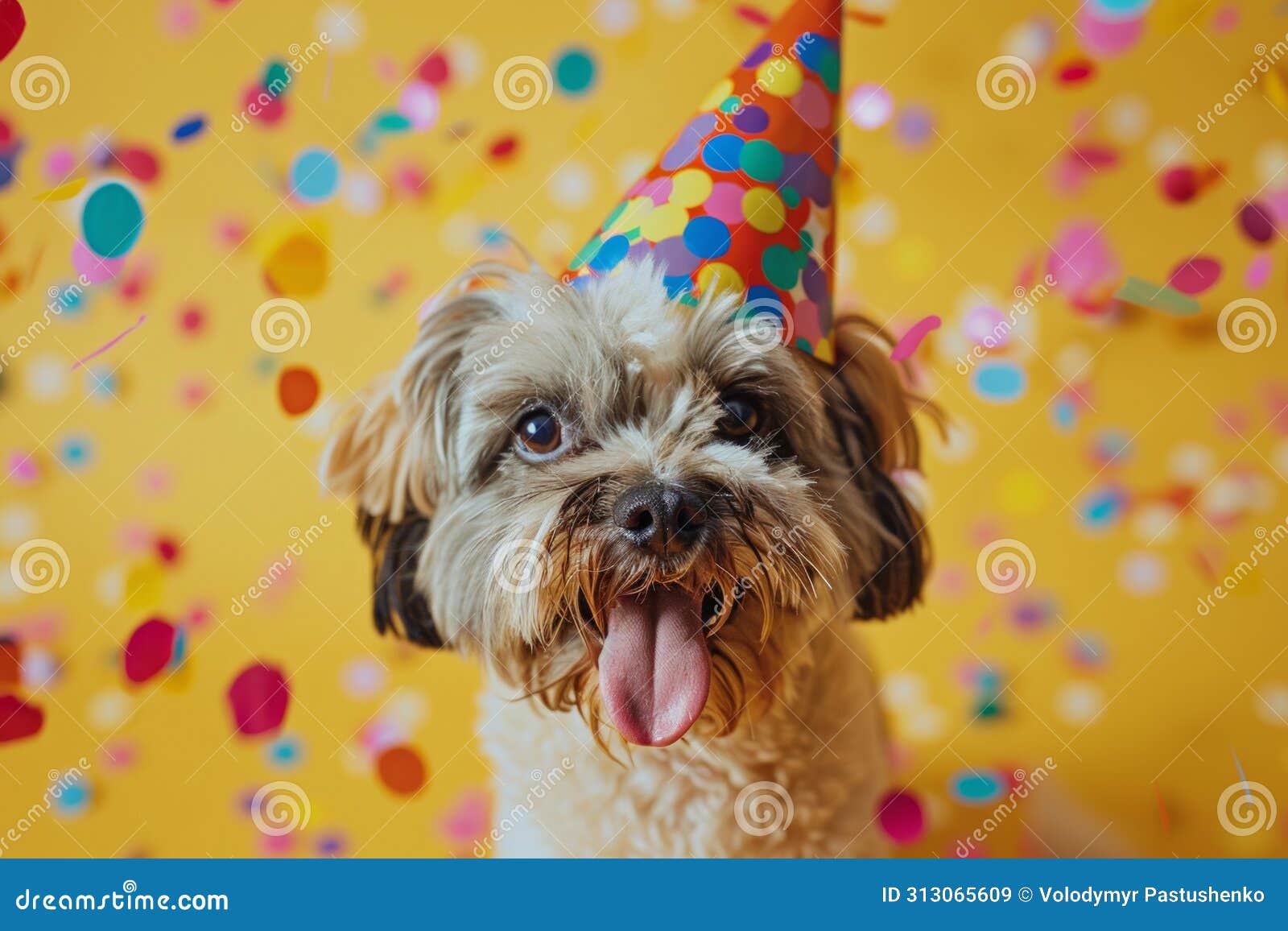 A Dog Wearing a Party Hat in Front of Confetti Stock Image - Image of ...
