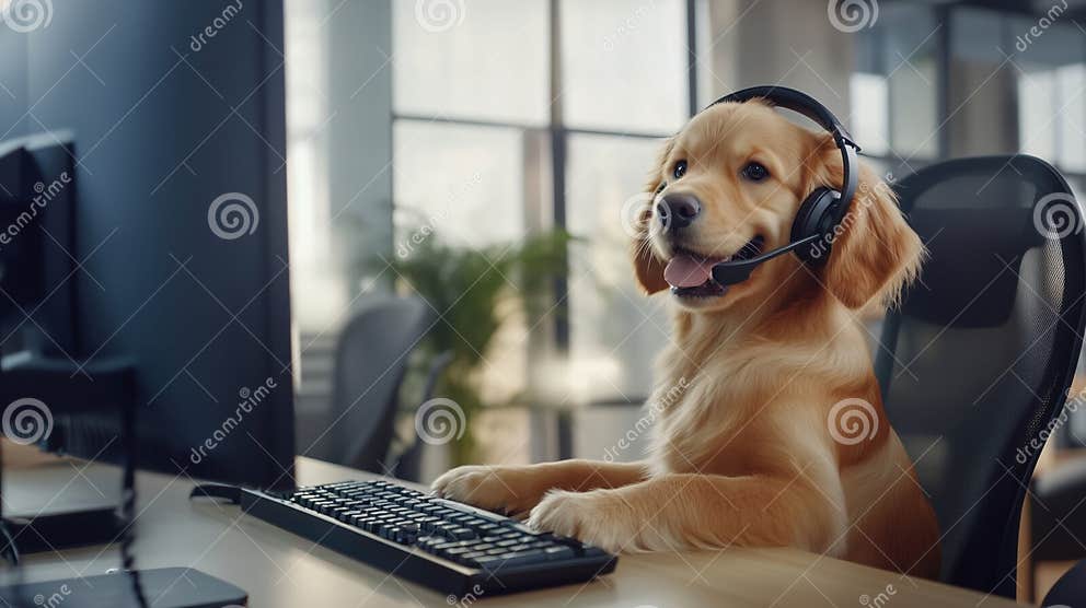 Dog Working at Computer, Wearing Headset, in Modern Office Setting ...