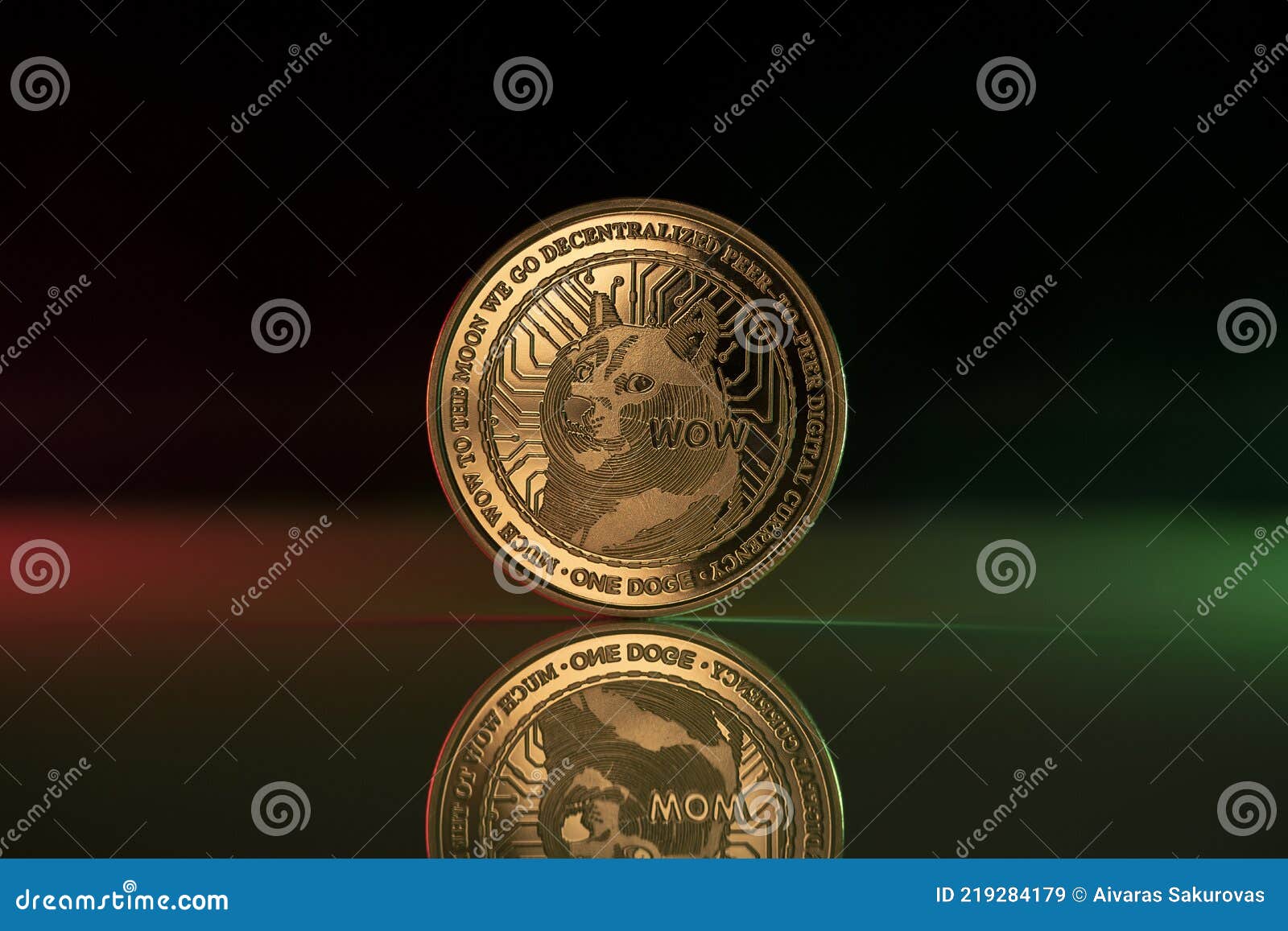 Doge Crypto Coin Placed on Reflective Surface in Red and Green ... Doge Crypto Coin Placed on Reflective Surface in Red and Green ...