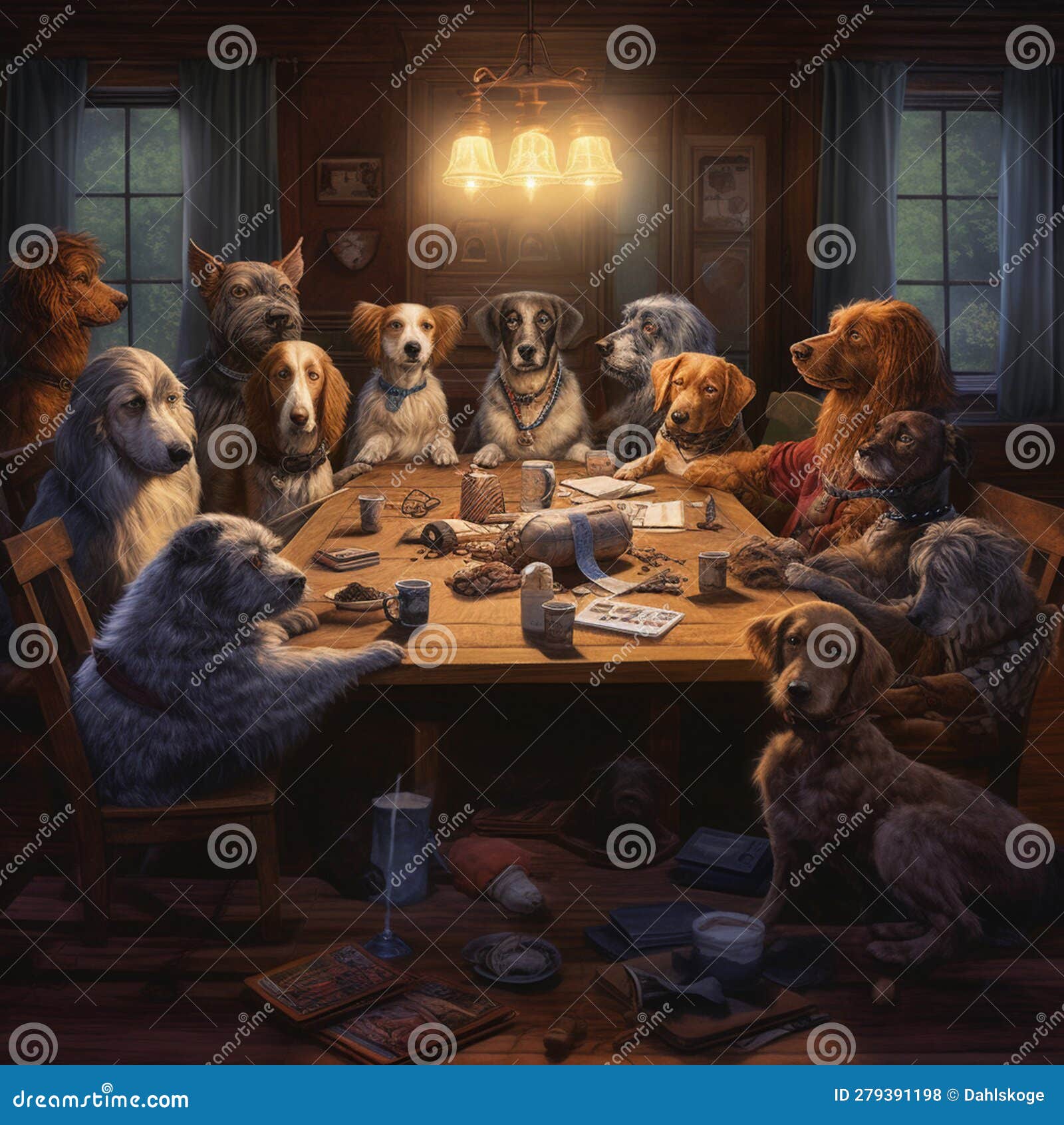 Dogs around a table stock illustration. Illustration of table - 279391198