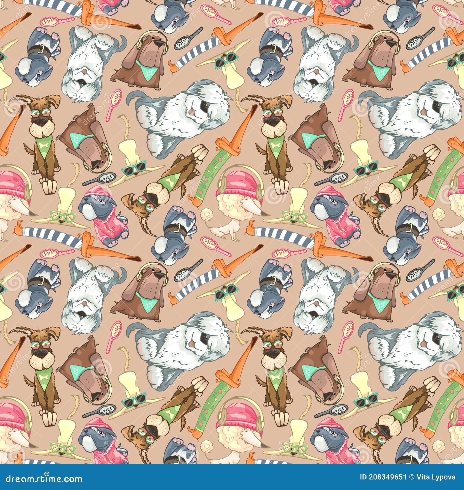 Dogs Cute Drawing, Seamless Pattern Beige Background Stock Vector ...
