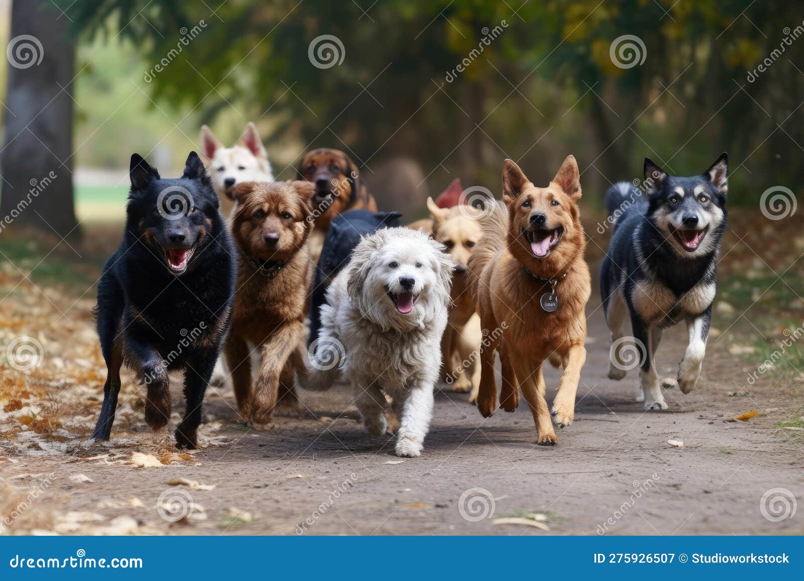 Dogs of Different Breeds and Colors Running in Park Together Stock ...