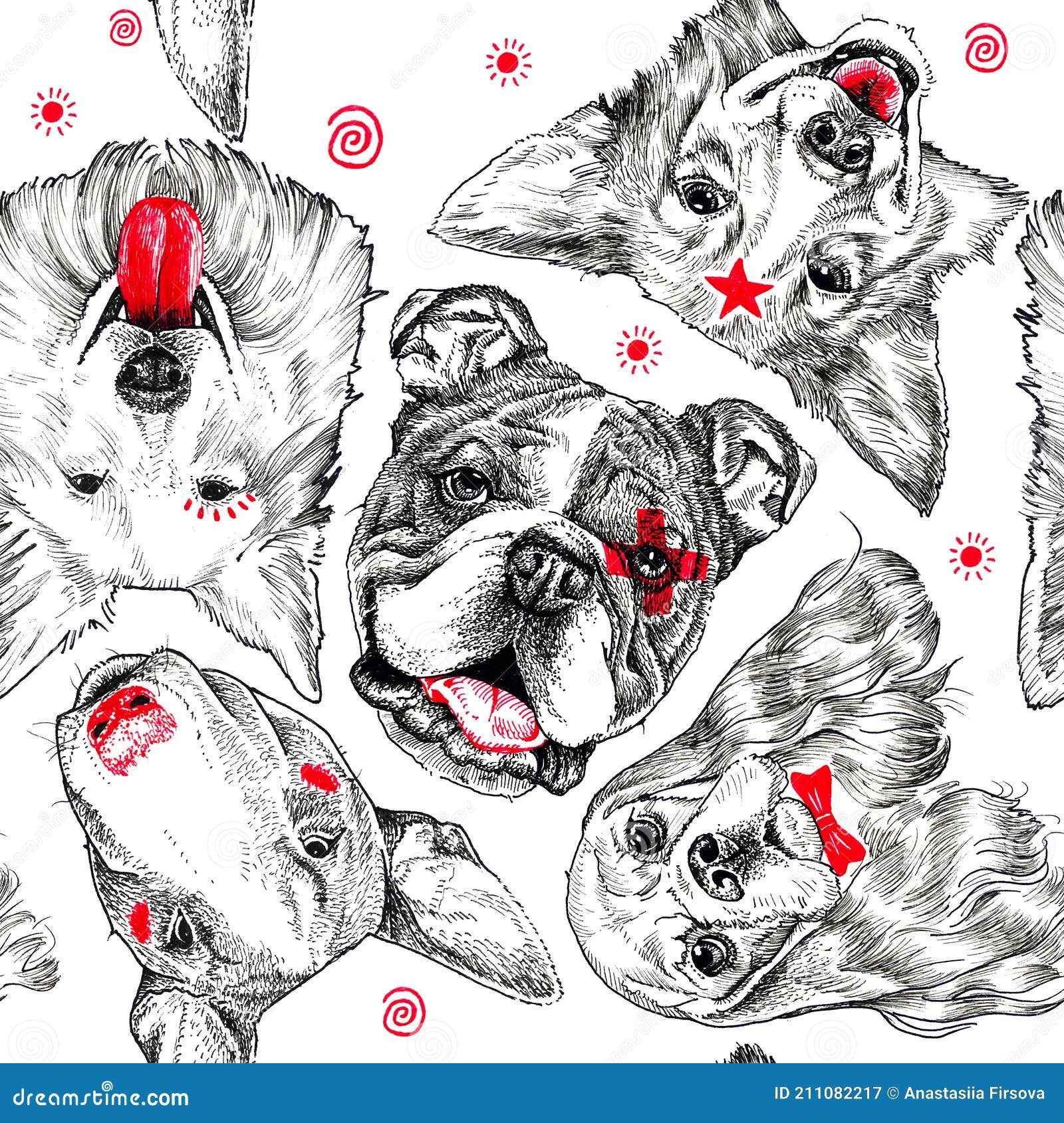 Dogs Heads Collection. Pattern, Print. Detailed Animal Drawing Stock ...