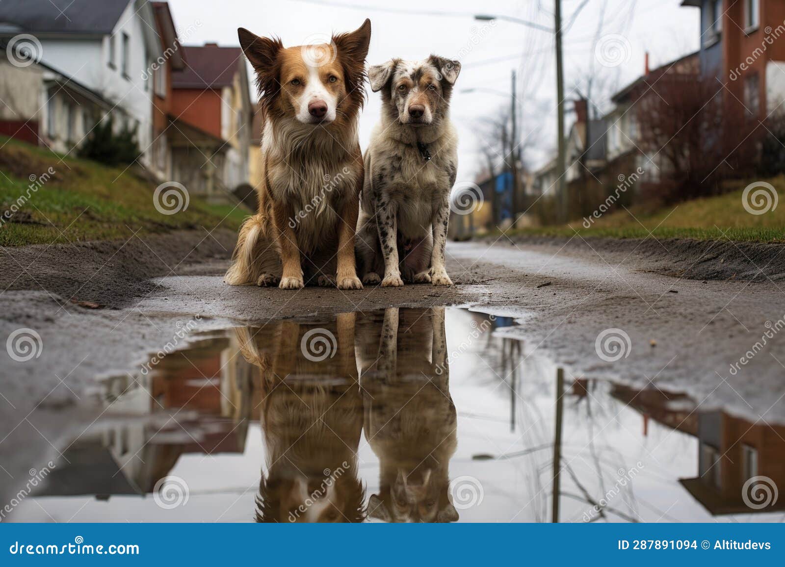 Dogs Reflection in a Puddle on a Rainy Day Walk Stock Photo - Image of ...