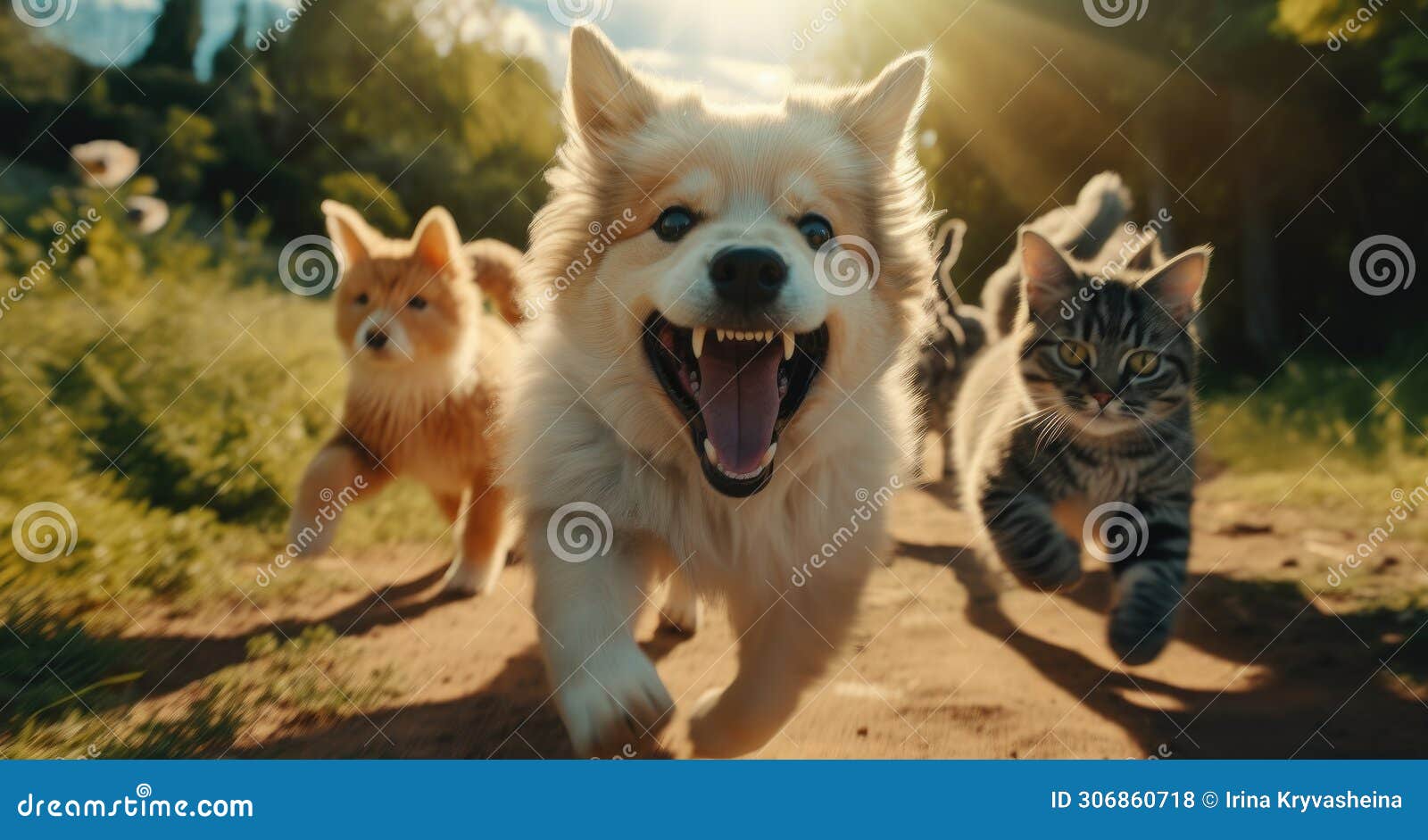 Dogs Run in Grass and Cats Run on the Front Yard Stock Photo - Image of ...