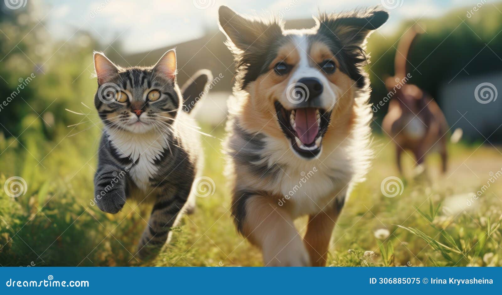 Dogs Run in Grass and Cats Run on the Front Yard Stock Image - Image of ...