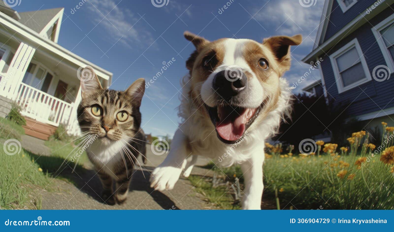 Dogs Run in Grass and Cats Run on the Front Yard Stock Image - Image of ...