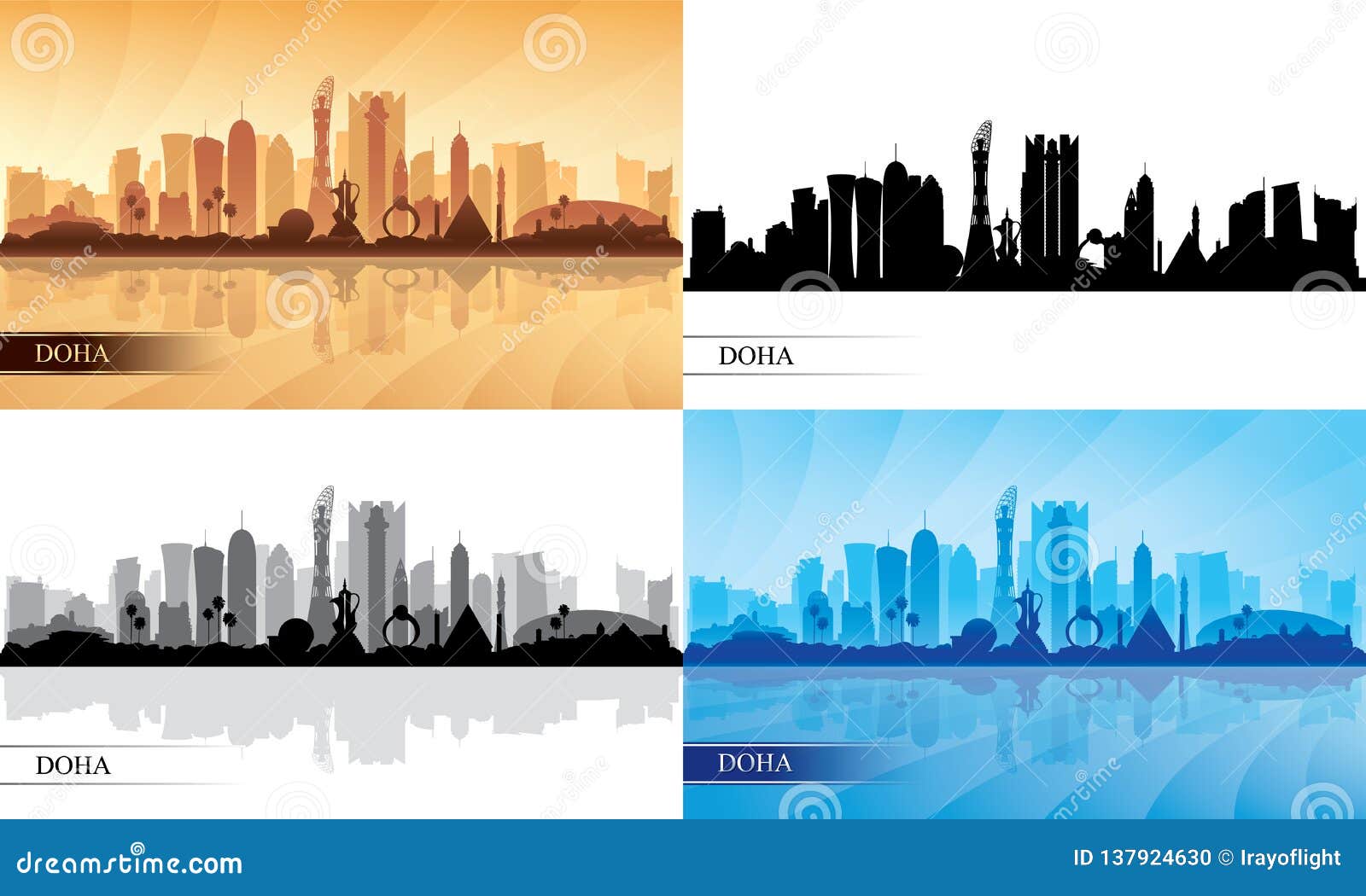 Doha City Skyline Silhouettes Set Stock Vector - Illustration of ...