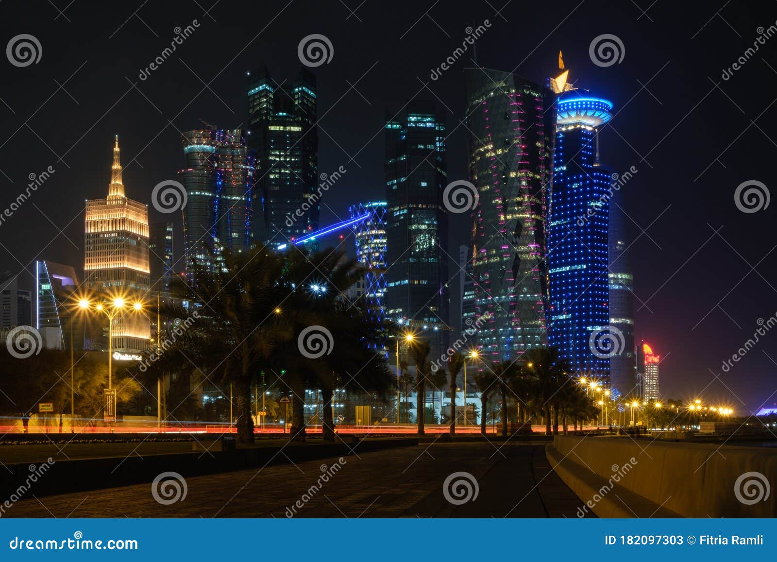 Doha corniche at night. editorial stock photo. Image of downtown ...