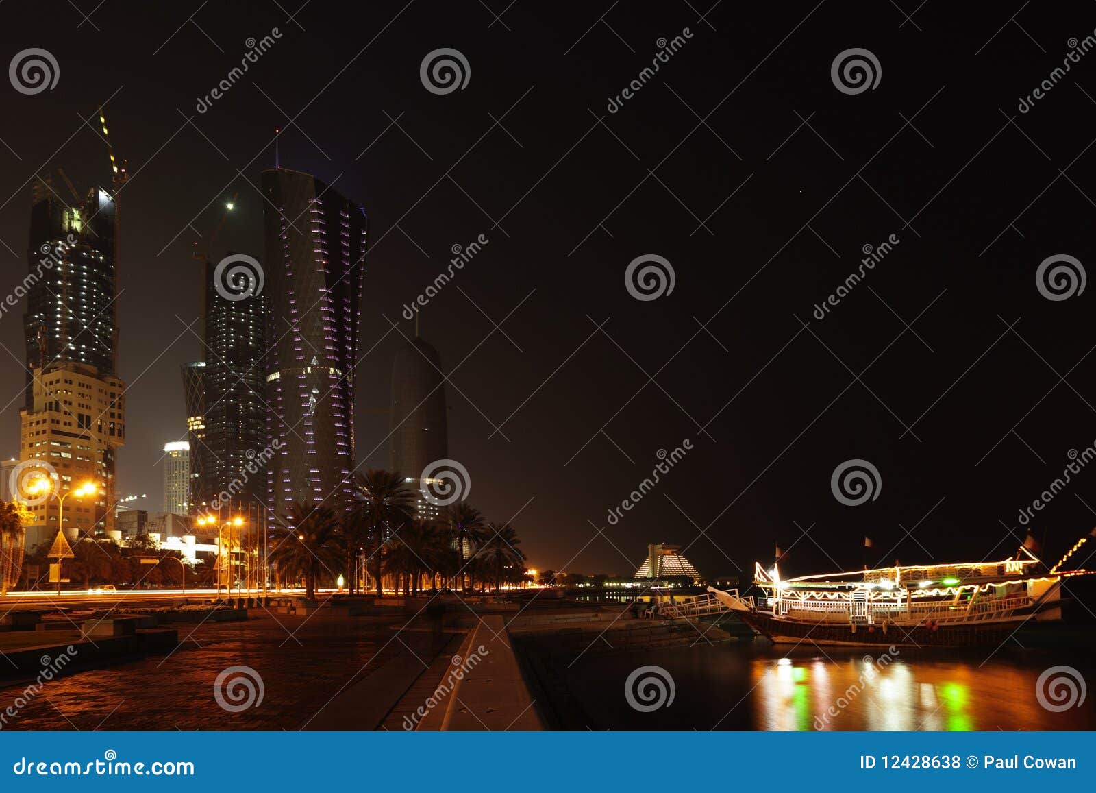 Doha Corniche and Towers at Night Stock Photo - Image of dhow, capital ...