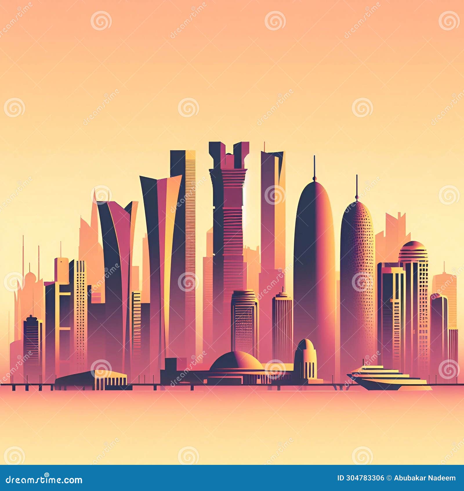 Doha Flat Vector Gradient City Skyline Stock Illustration ...