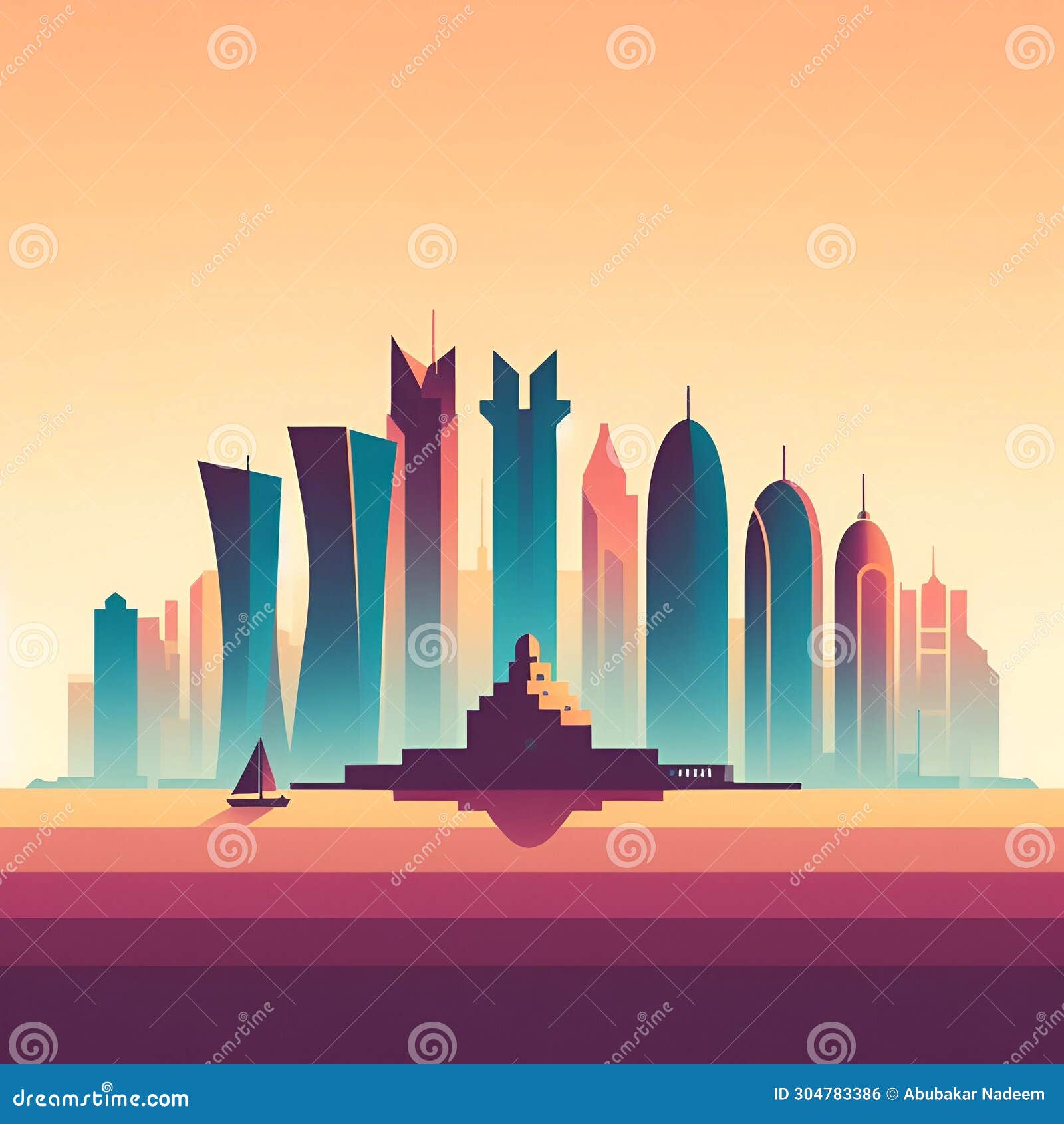 Doha Flat Vector Gradient City Skyline Stock Illustration ...