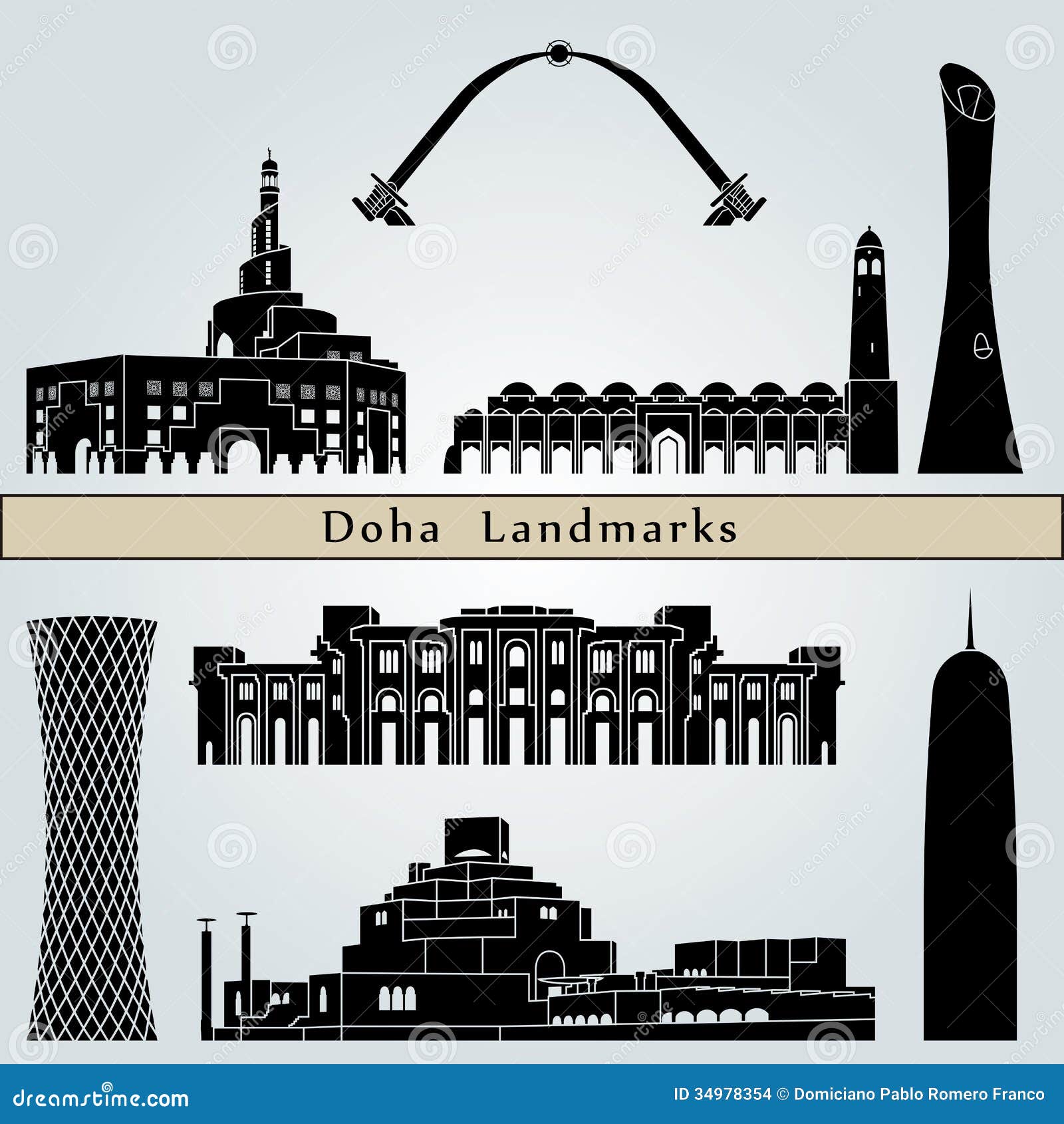 Doha Landmarks and Monuments Stock Vector - Illustration of black ...