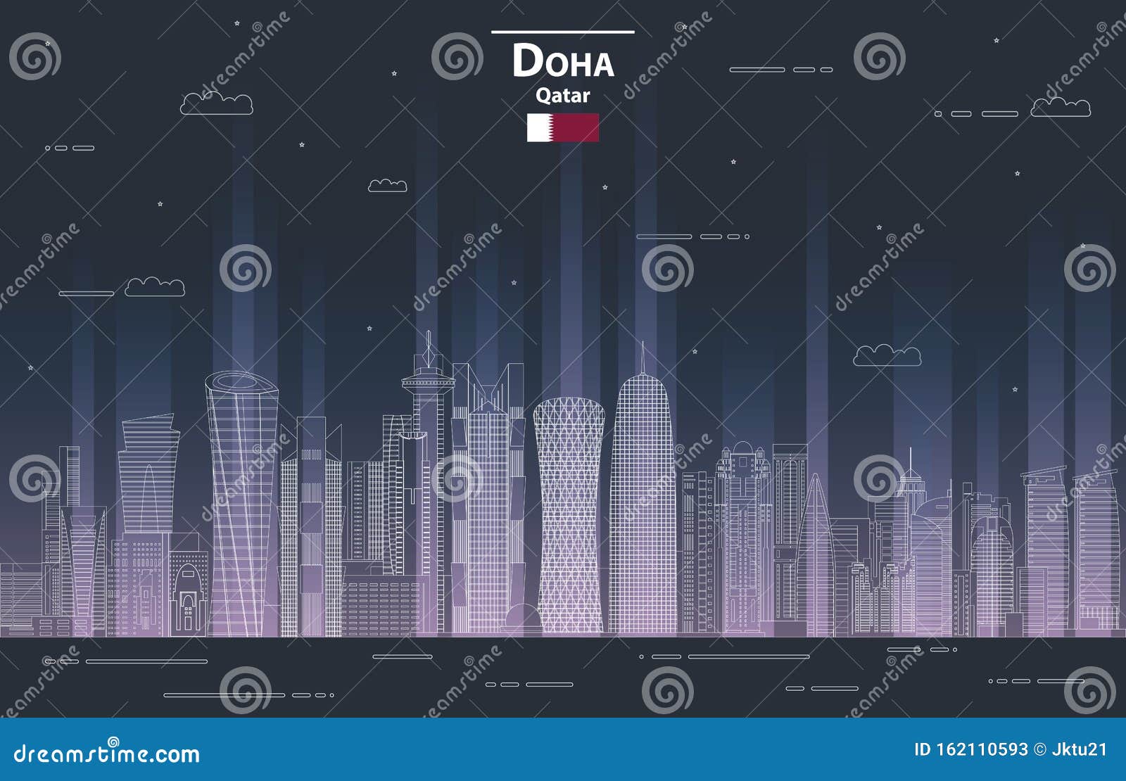 Detailed Map Of Doha City, Linear Print Map. Cityscape Panorama Vector ...