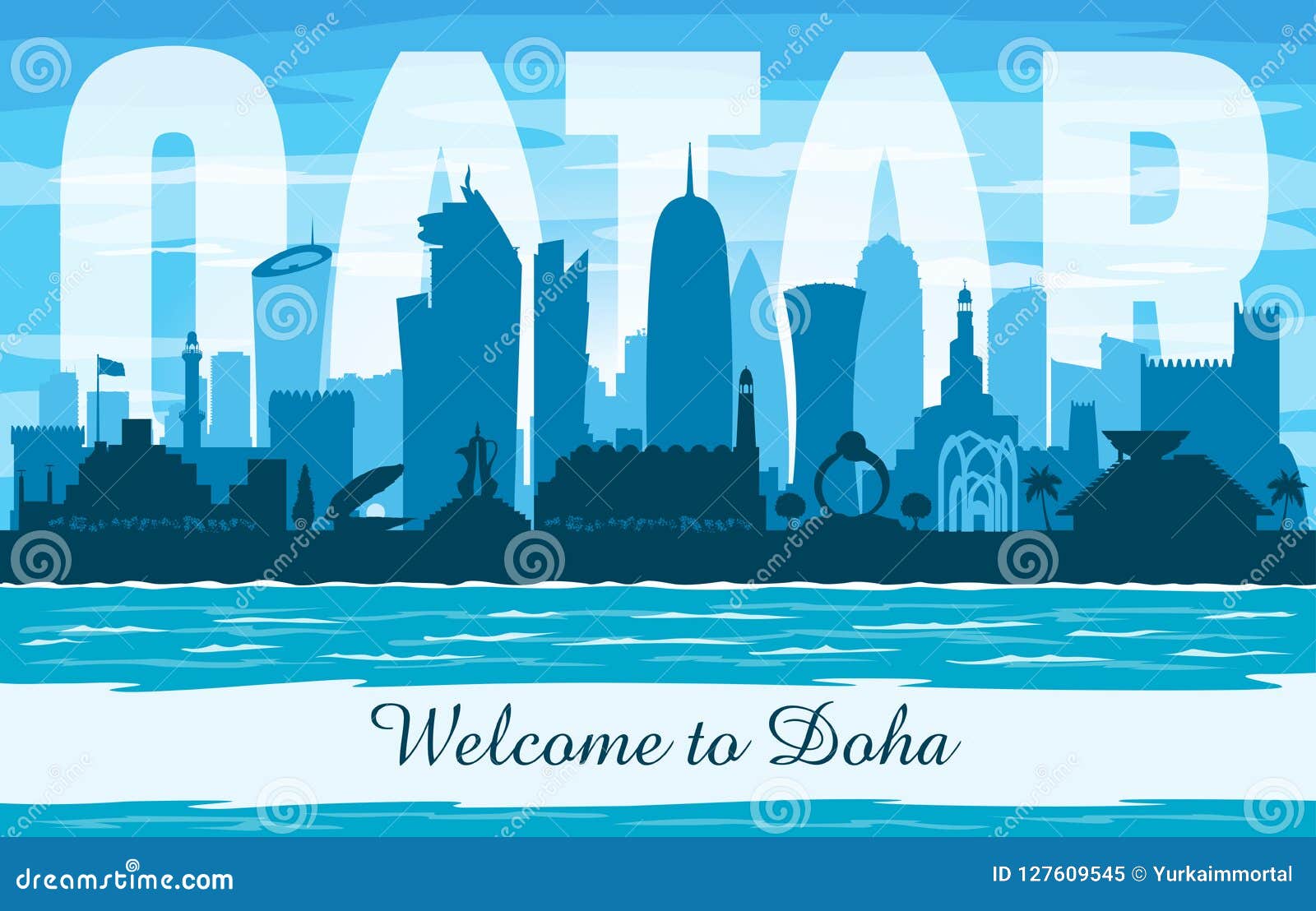 Doha Qatar Skyline On Colorful Background Cartoon Vector ...