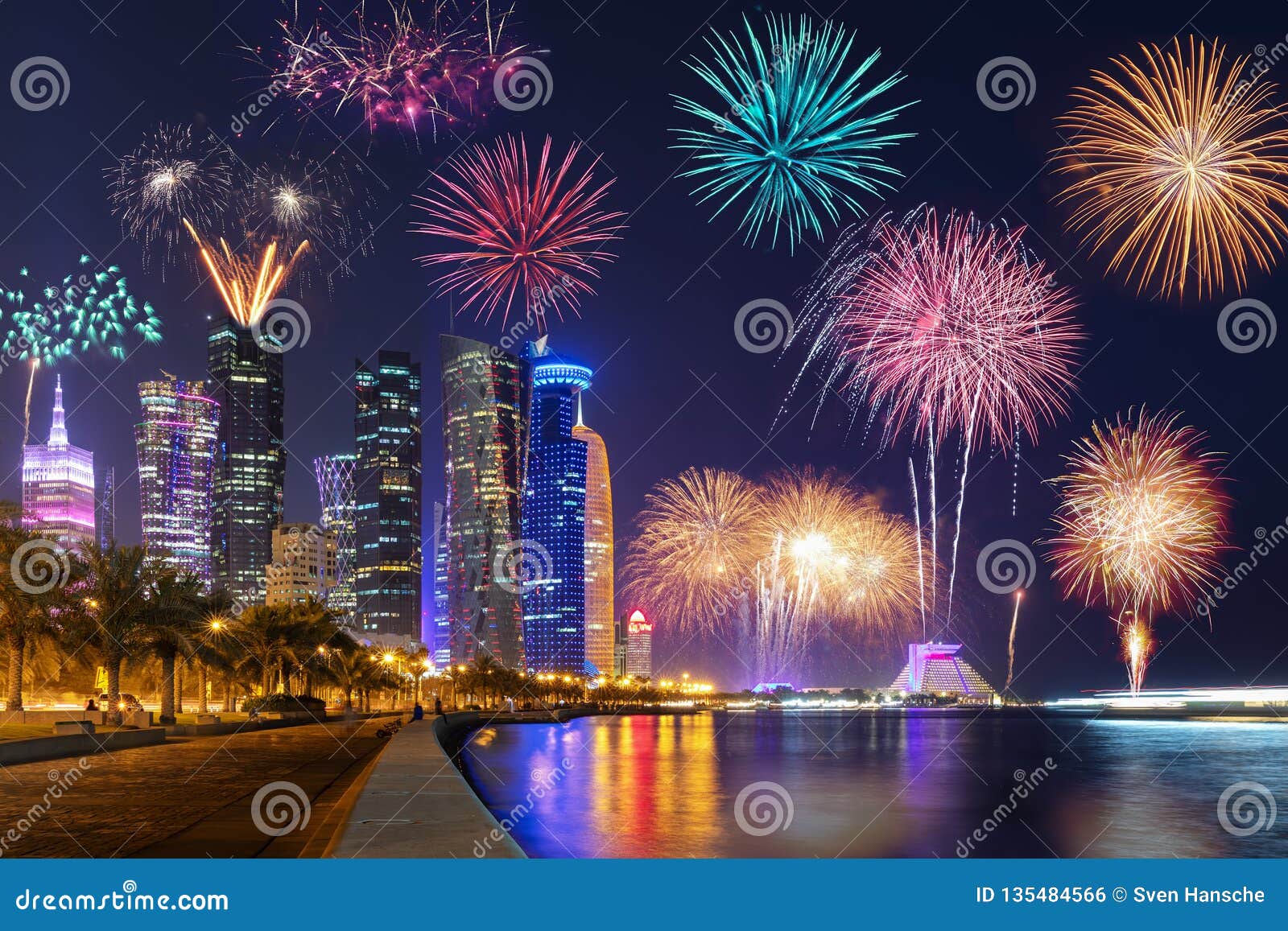 Doha, Qatar, with Fireworks for a Celebration Event Stock Photo - Image ...