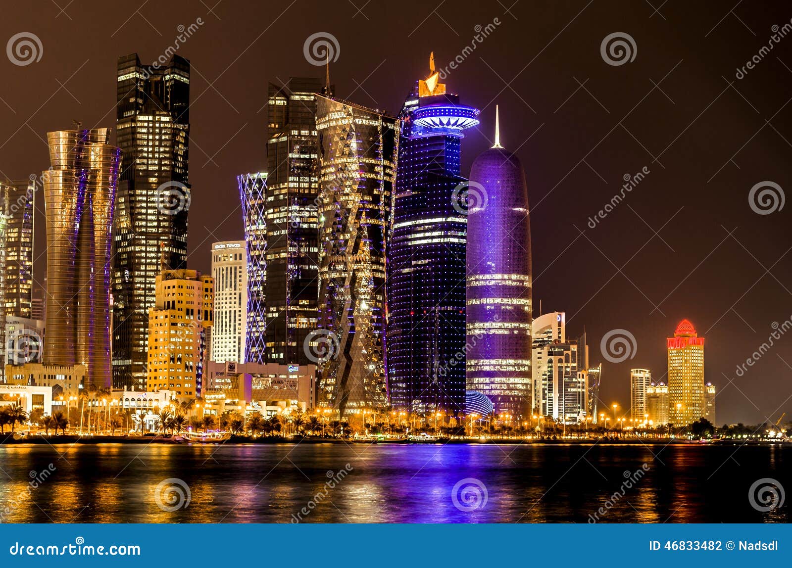 Doha, Qatar Skyline at Night Editorial Photography - Image of ...