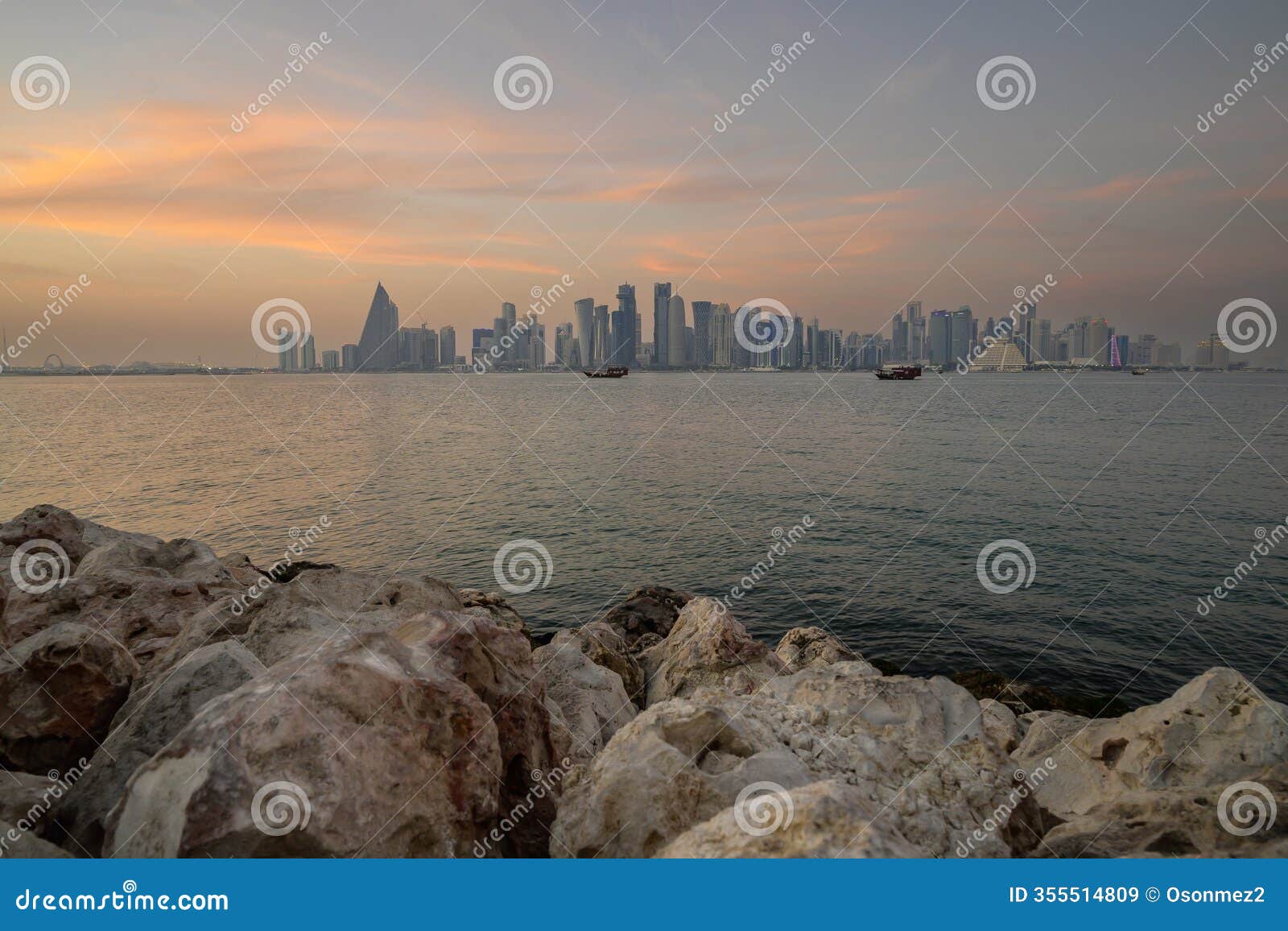 Doha Qatar Skyscrapers by the Sea at Sunset Stock Image - Image of ...