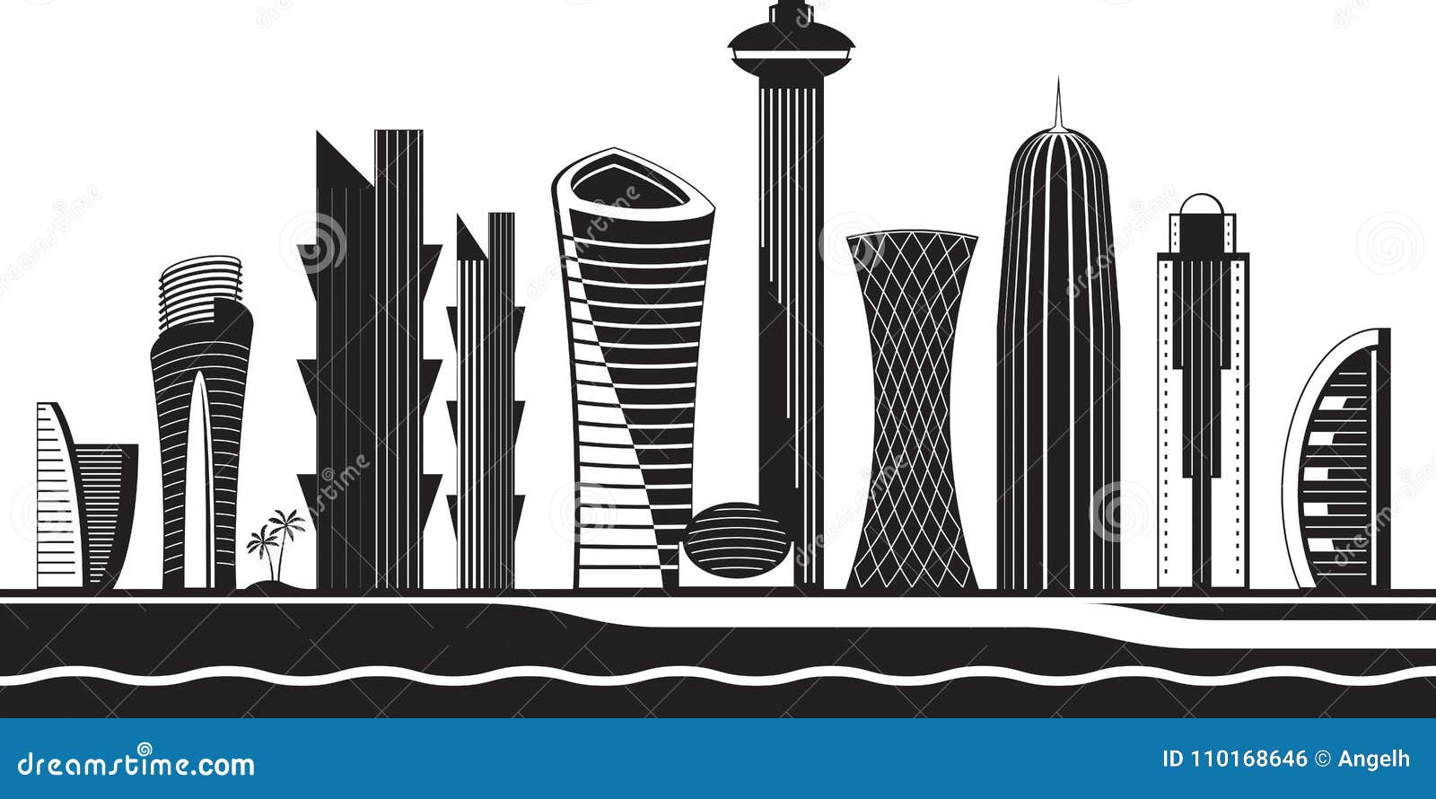 Doha Skyline Dhow Qatar Vector Hand Drawn Sketch | CartoonDealer.com ...