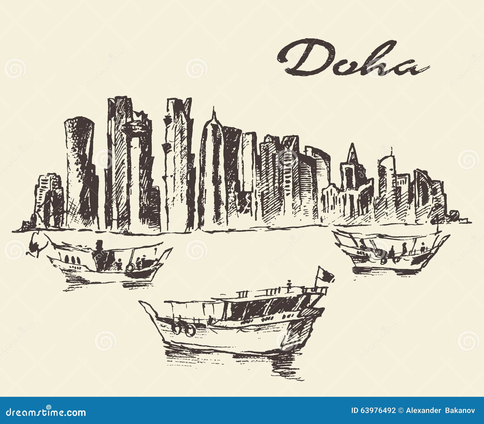 Doha Skyline Dhow Qatar Illustration Drawn Sketch Stock Vector ...