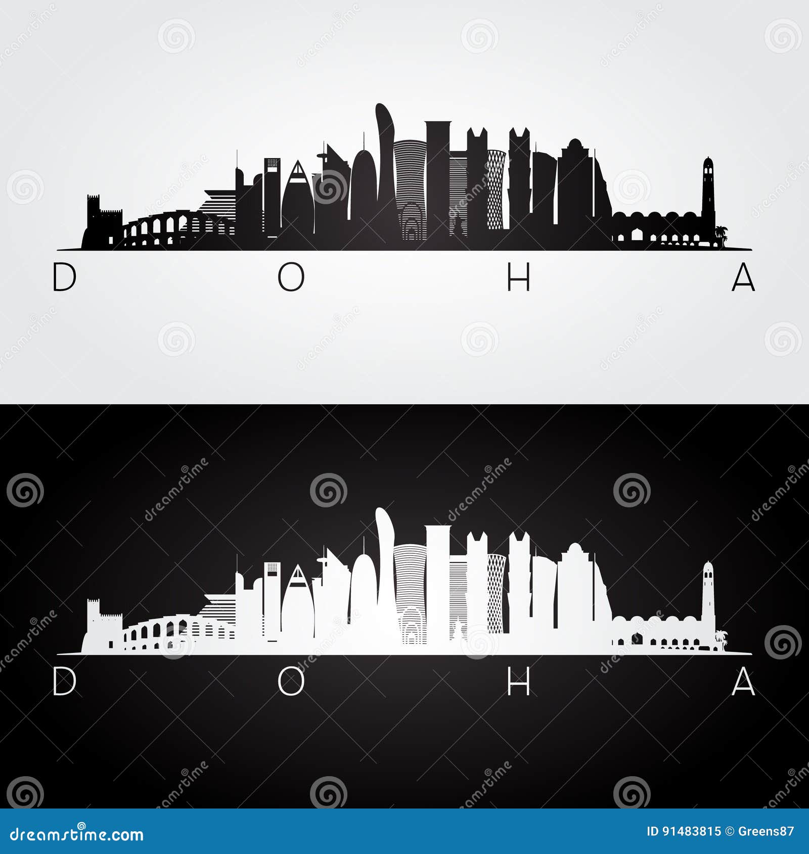 Doha Skyline And Landmarks Silhouette Cartoon Vector | CartoonDealer ...