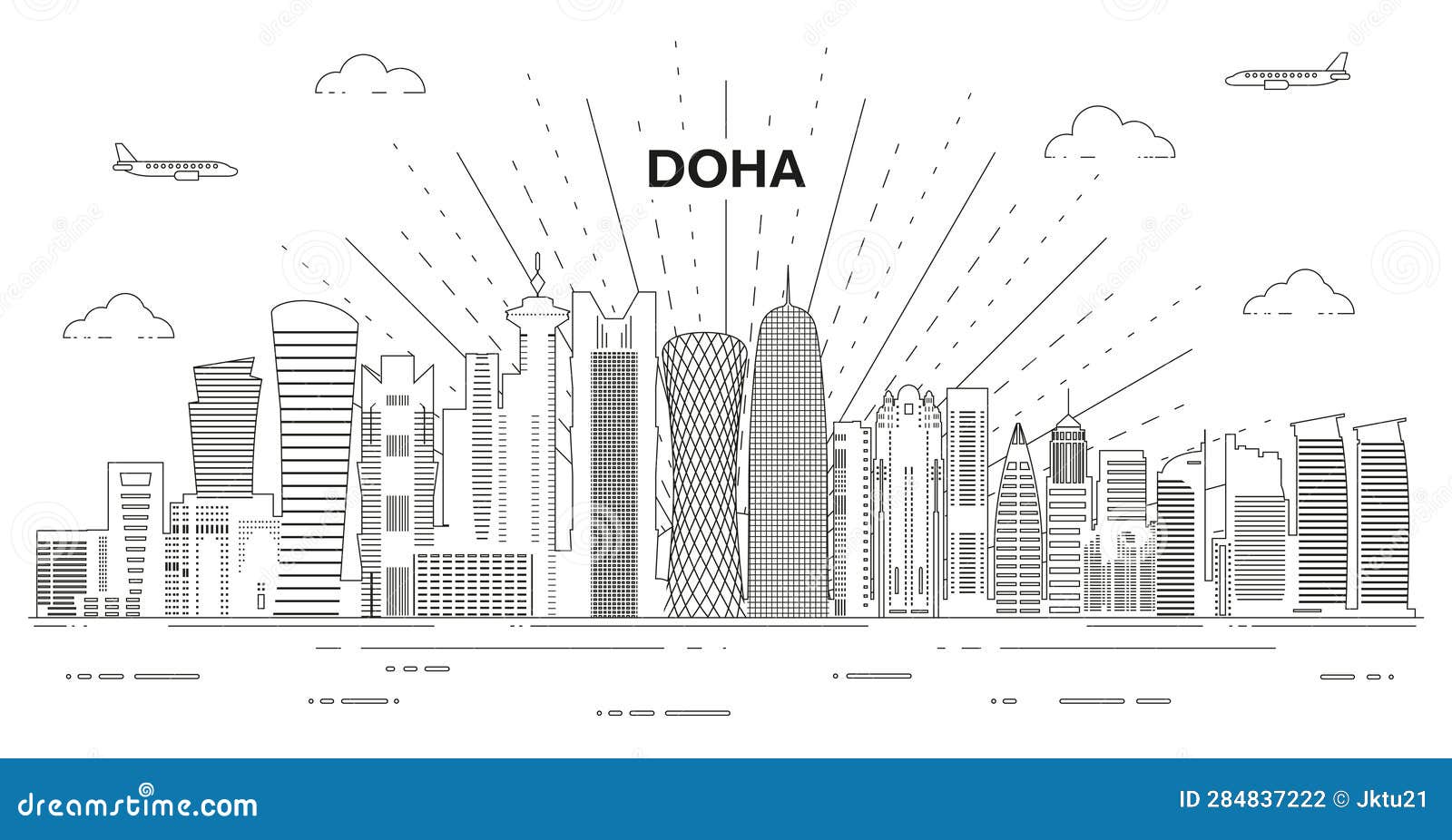 Doha Cityscape At Night Line Art Style Detailed Vector Illustration ...