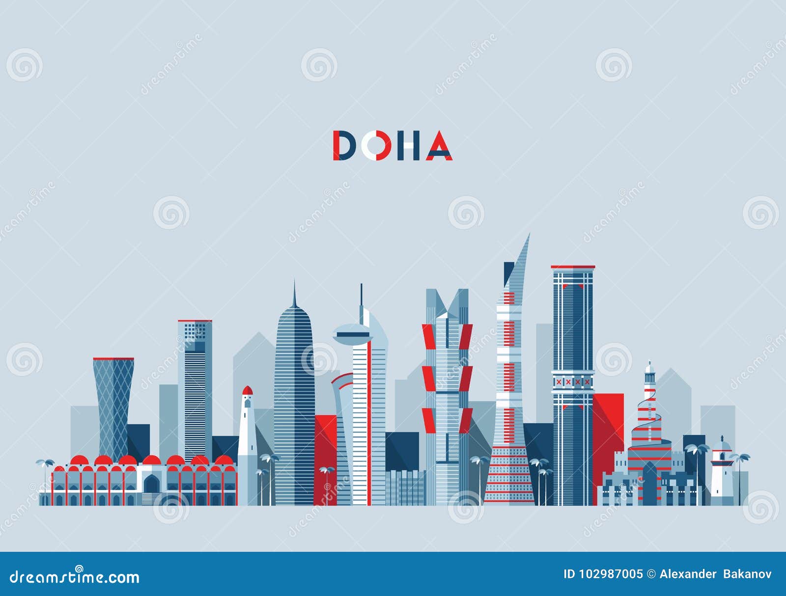 Doha Skyline Qatar Vector Illustration Flat Design Stock Vector ...