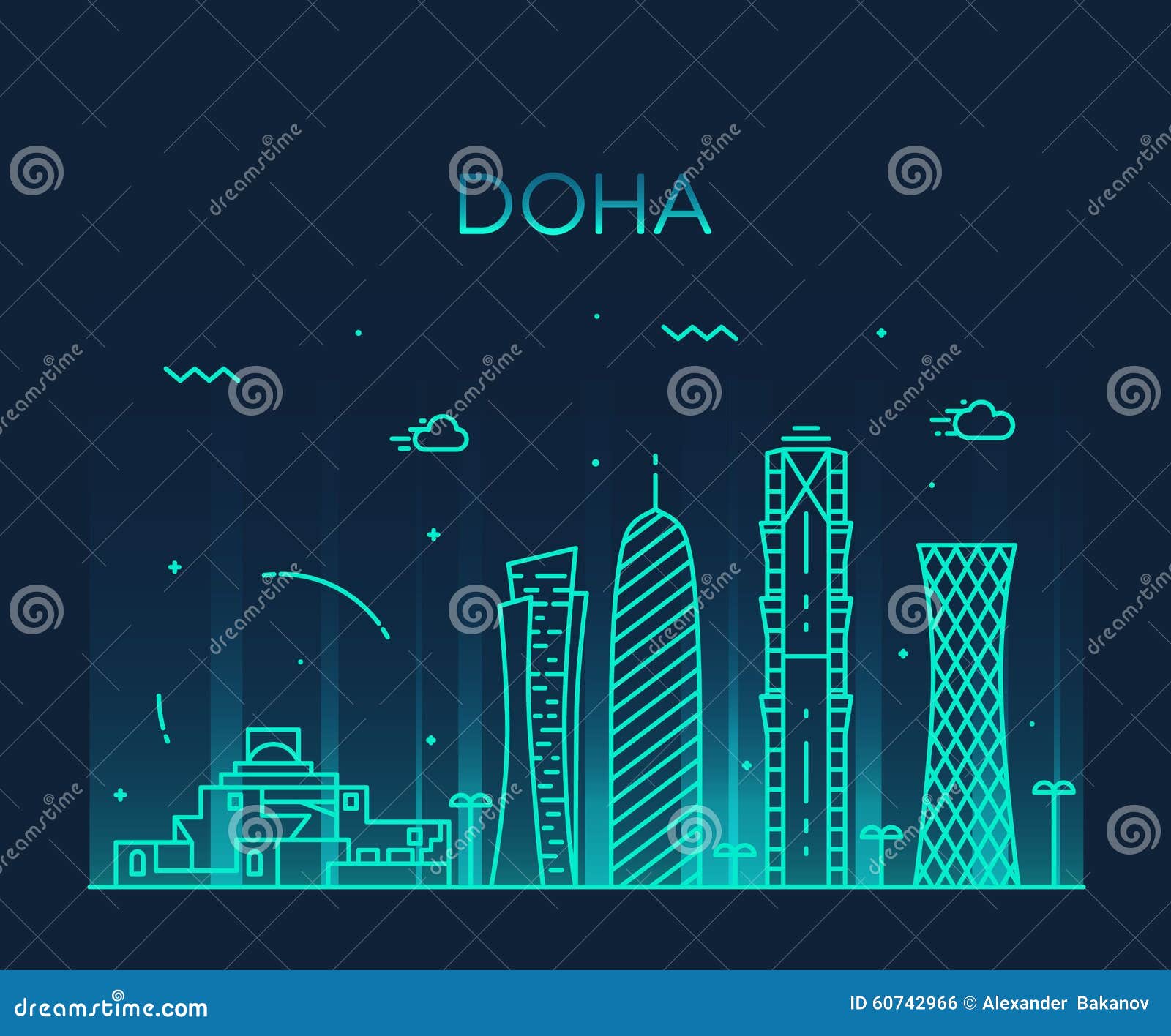 Doha Skyline Dhow Qatar Vector Hand Drawn Sketch | CartoonDealer.com ...