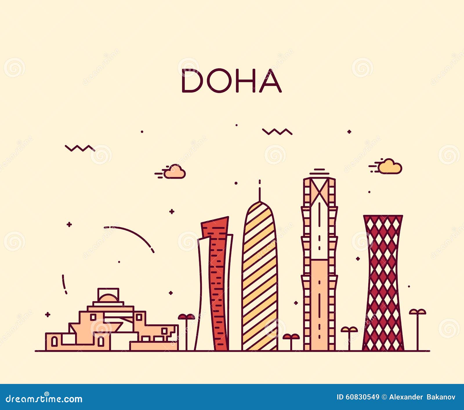 Doha Skyline Silhouette Illustration Linear Style Stock Vector ...