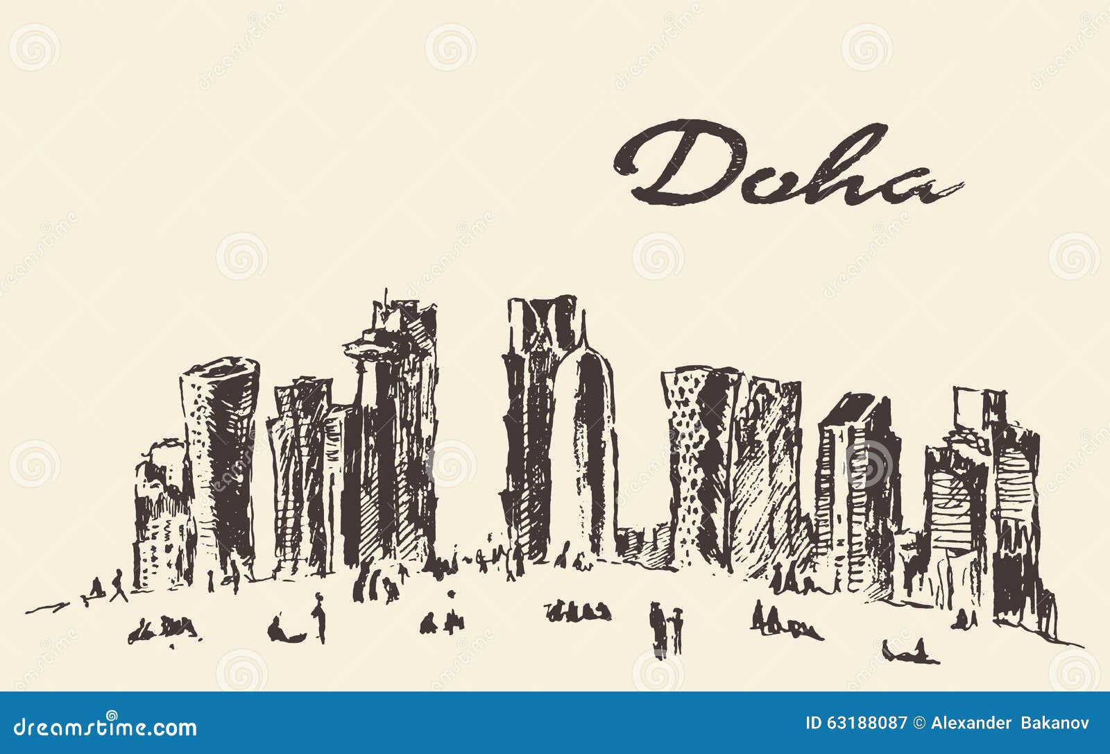 Doha Skyline Vector Illustration Hand Drawn Stock Vector - Illustration ...