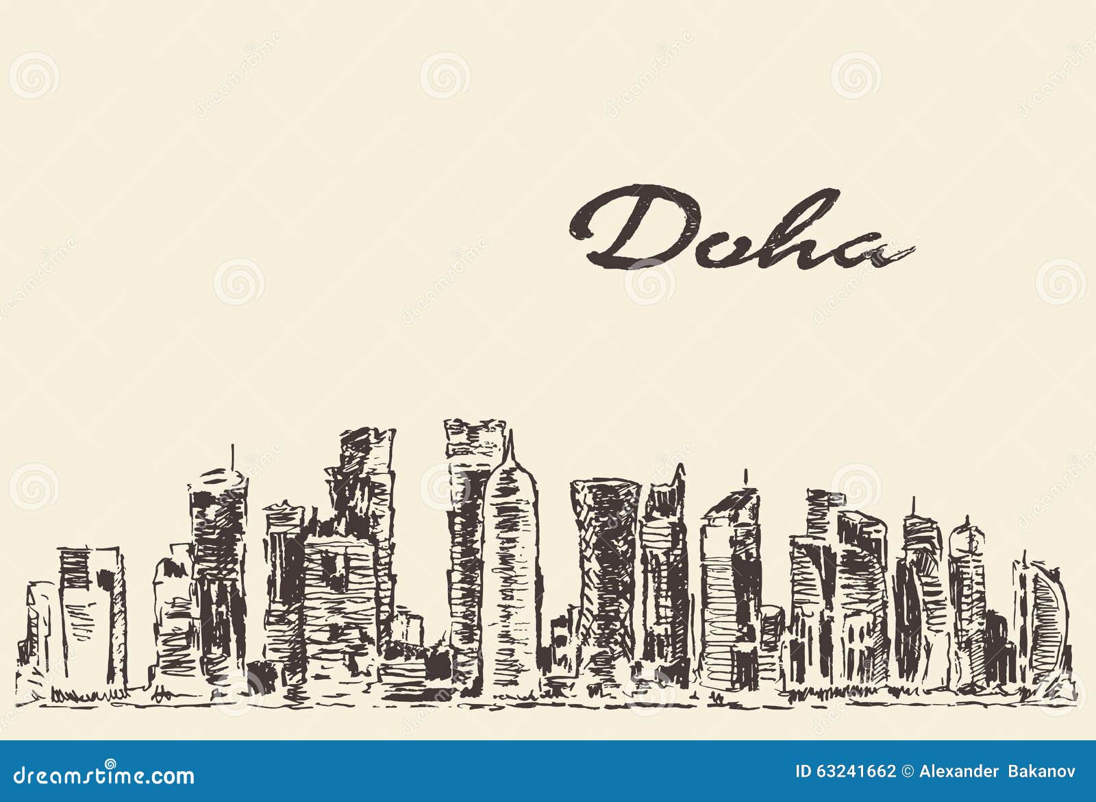Doha Skyline Vector Illustration Hand Drawn Stock Vector - Illustration ...