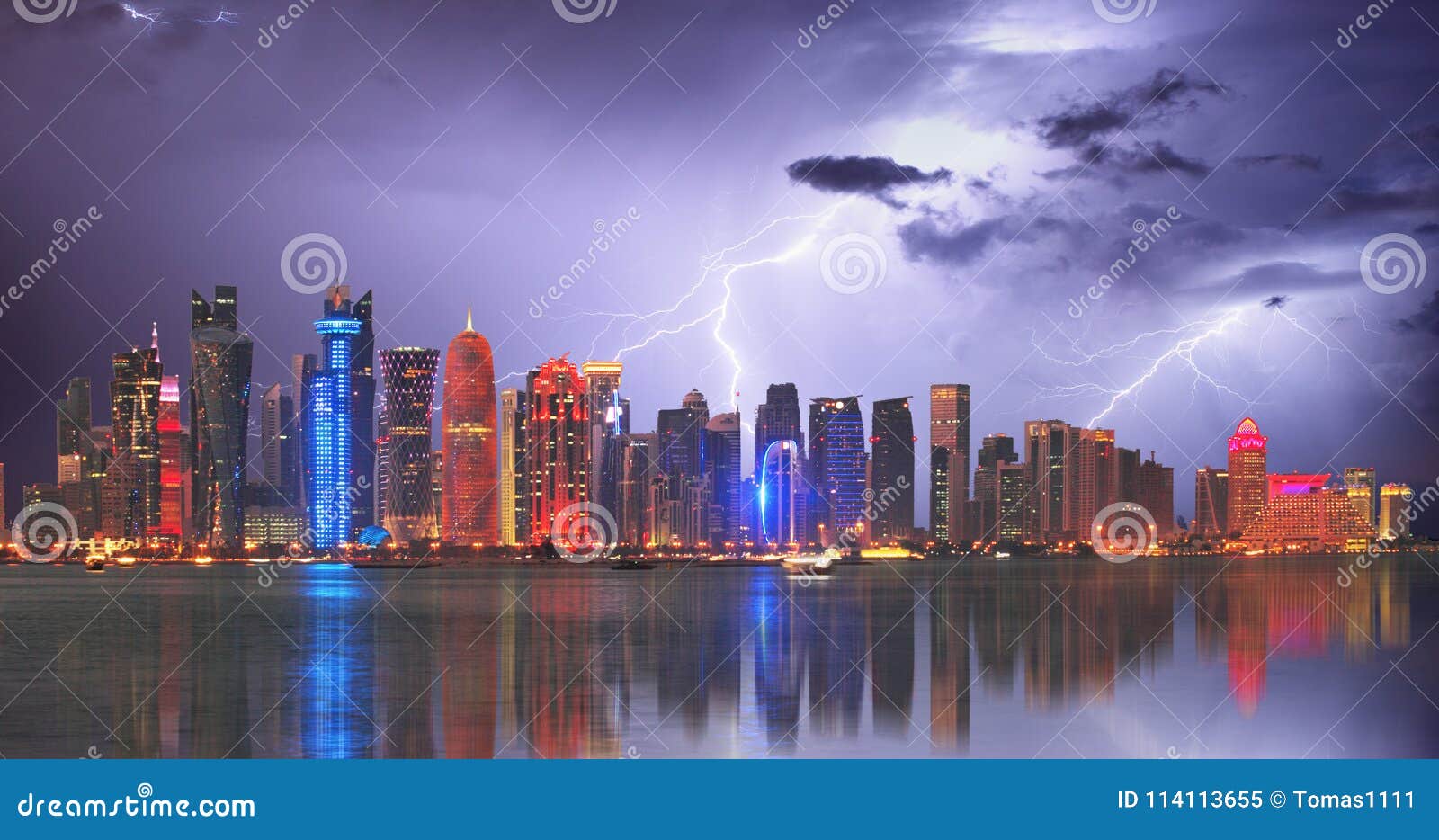 Doha at Storm with Lightning Bolt, Qatar Stock Image - Image of blue ...